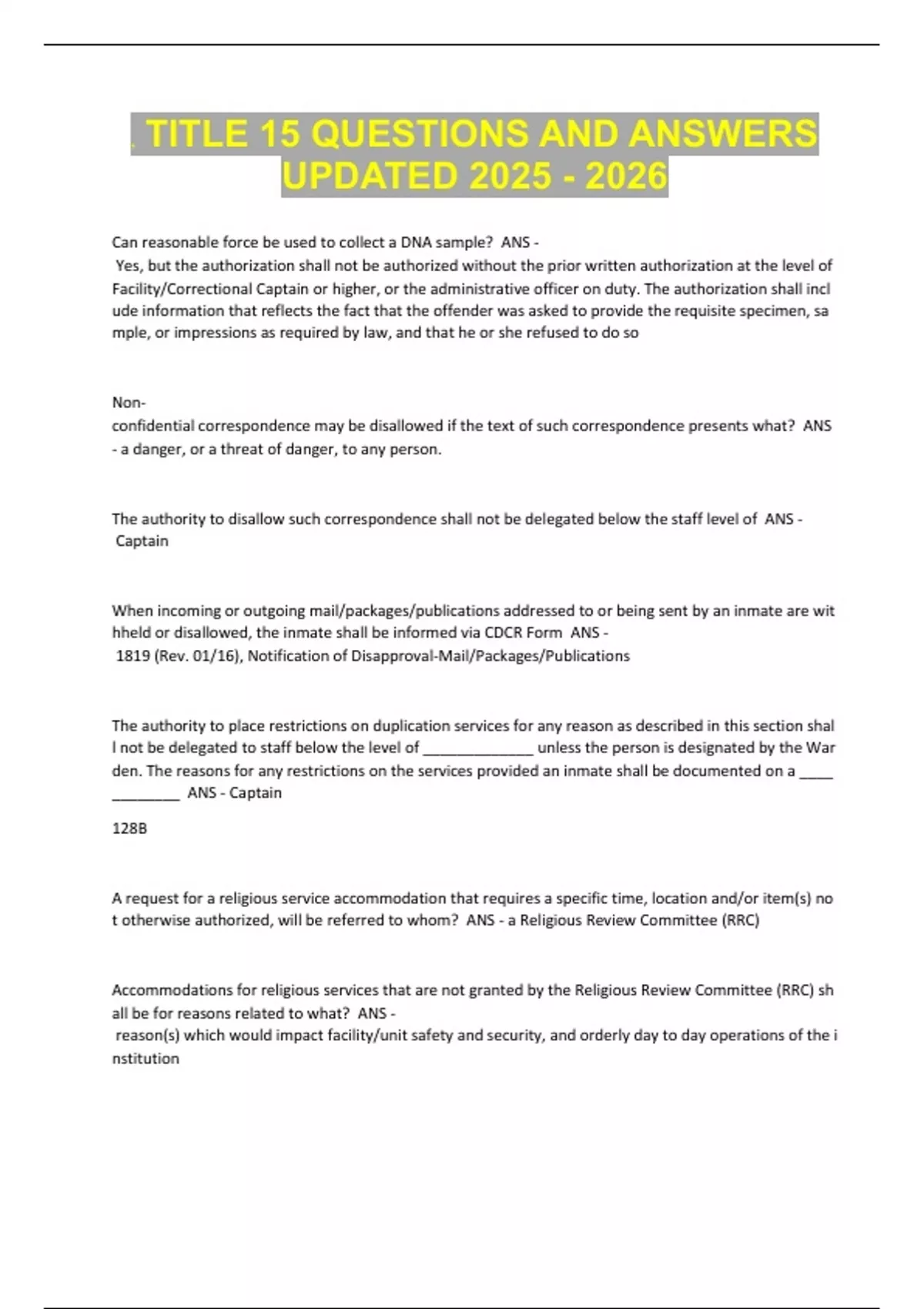 , TITLE 15 QUESTIONS AND ANSWERS UPDATED - CDCR - Stuvia US
