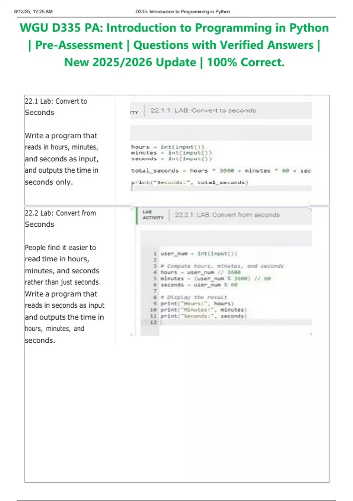 WGU D335 PA: Introduction to Programming in Python | Pre-Assessment | Questions with Verified ...