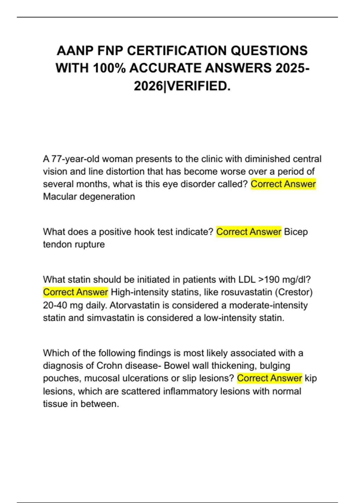 AANP FNP CERTIFICATION QUESTIONS WITH 100% ACCURATE ANSWERS |VERIFIED ...