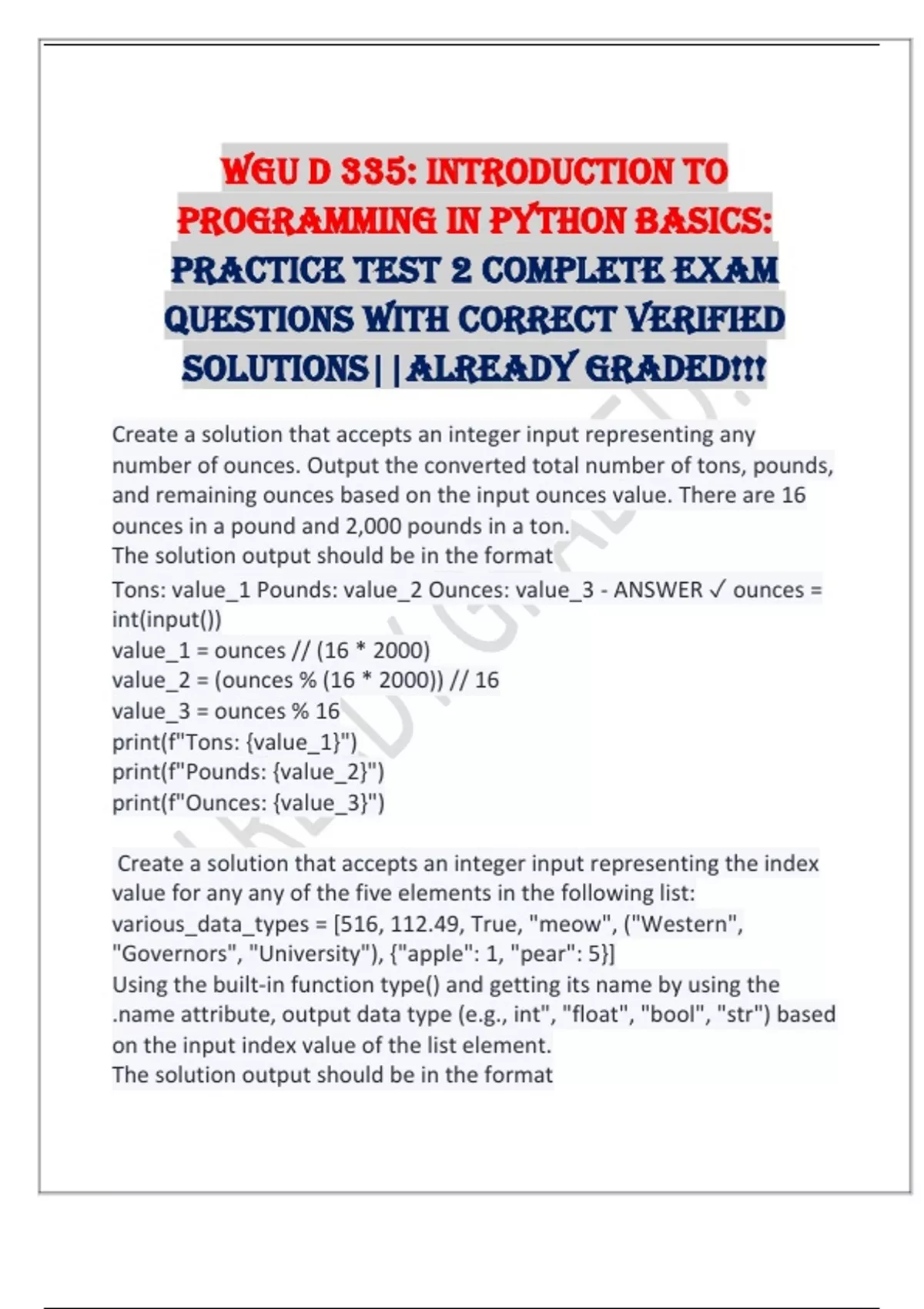 Wgu D 335 Introduction To Programming In Python Basics Practice Test