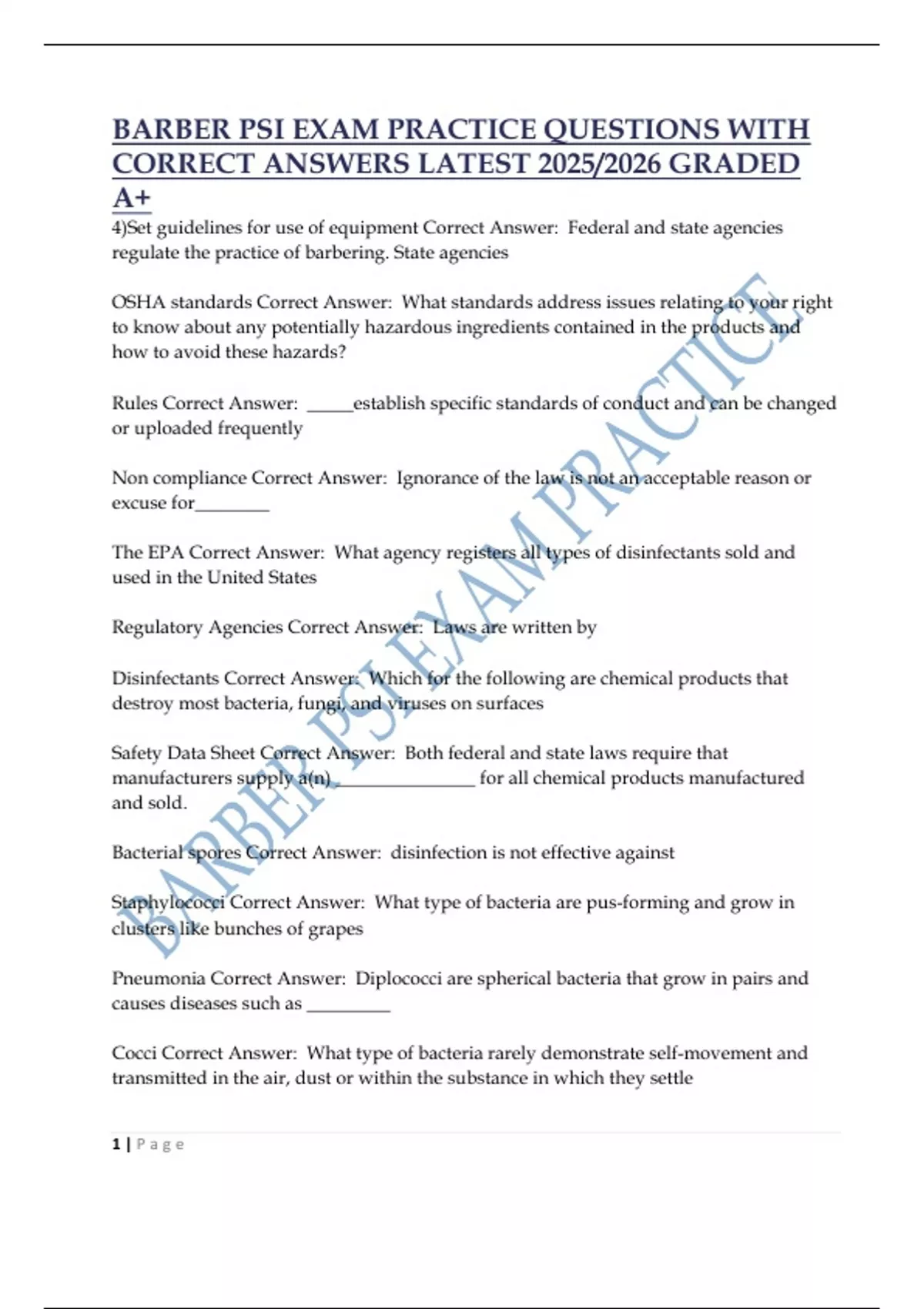 Barber PSI Exam Practice Test Multiple Choices Questions With Correct ...
