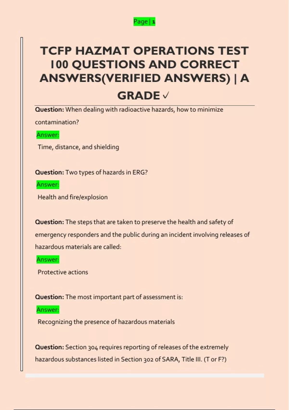 TCFP HAZMAT OPERATIONS TEST 100 QUESTIONS AND CORRECT ANSWERS(VERIFIED ...