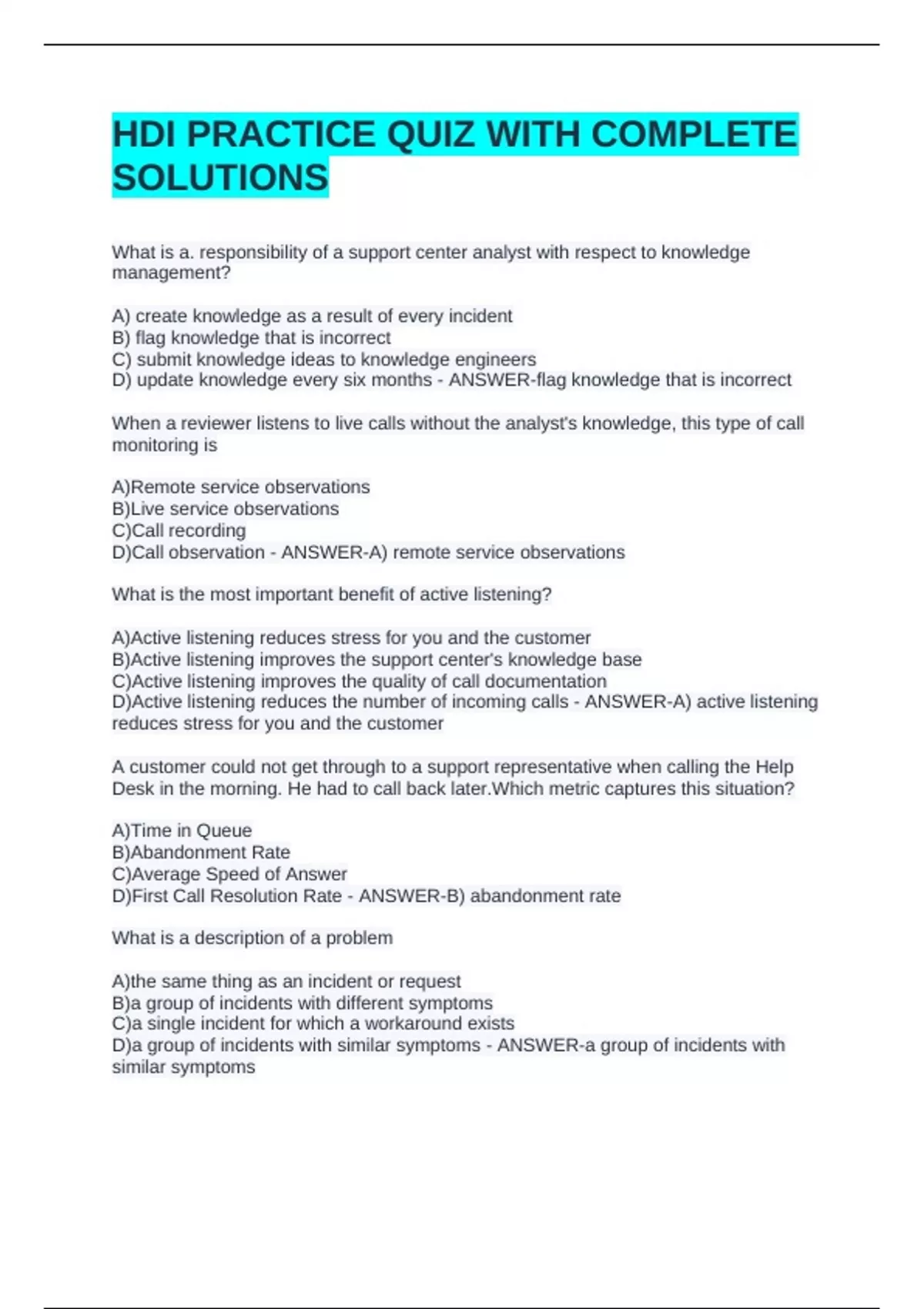 HDI PRACTICE QUIZ WITH COMPLETE SOLUTIONS - HDI - Stuvia US