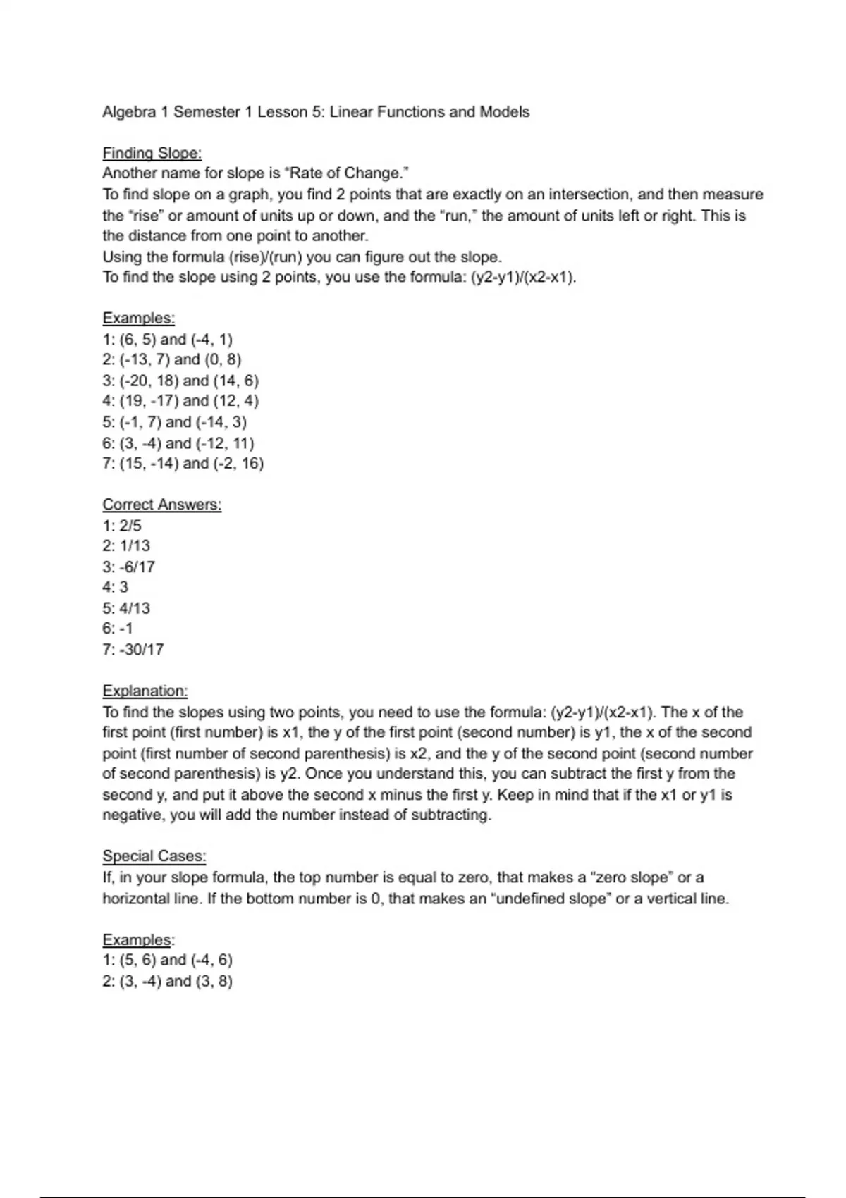 Algebra 1 Semester 1 Lesson 5: Linear Functions and Models ...