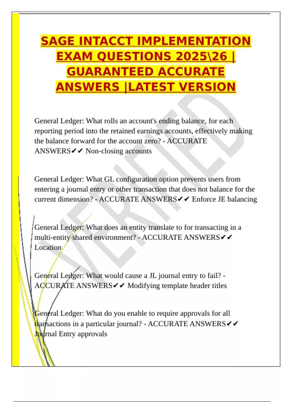 SAGE INTACCT IMPLEMENTATION EXAM QUESTIONS 202526 |GUARANTEED ACCURATE ...