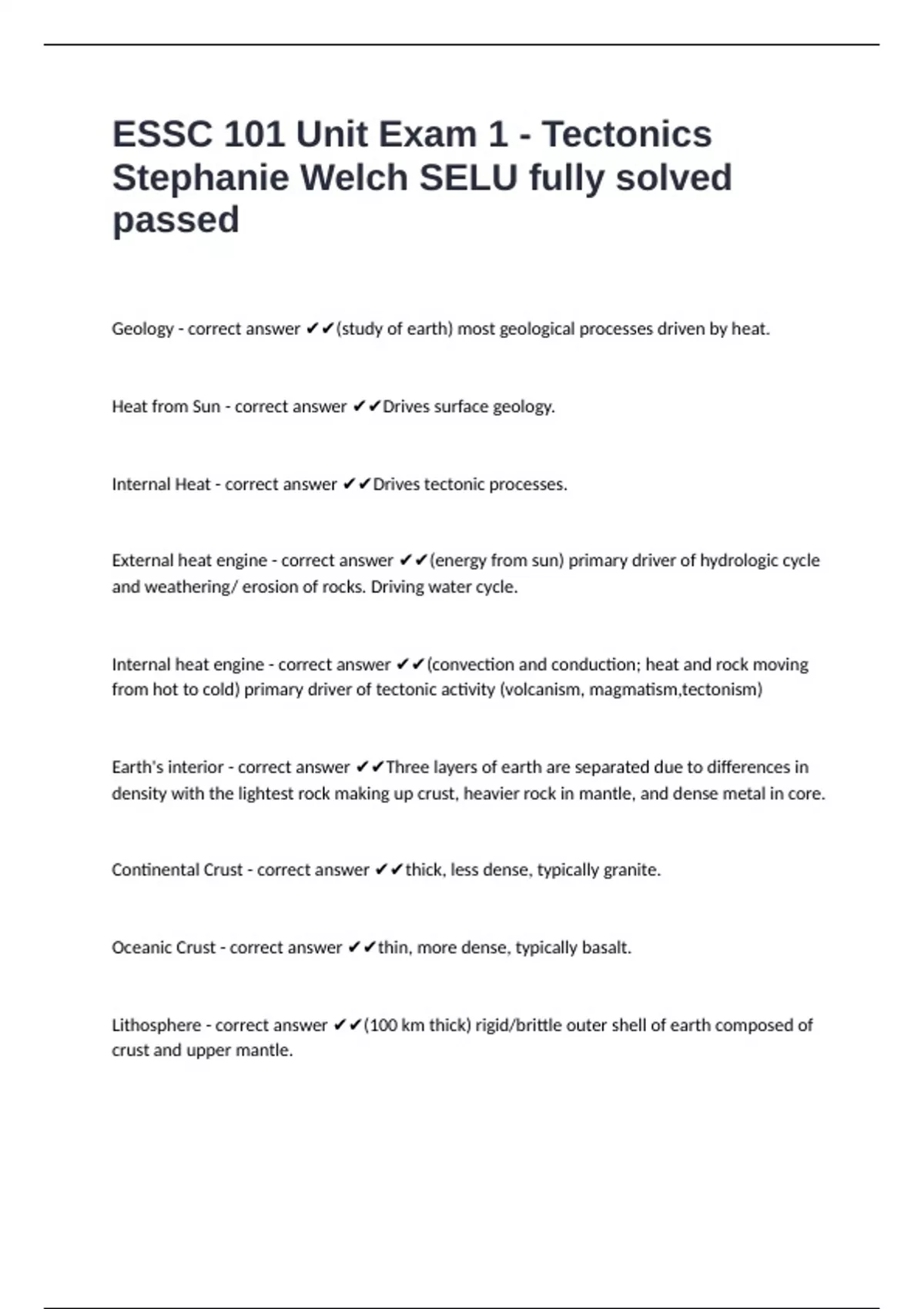 ESSC 101 Unit Exam 1 - Tectonics Stephanie Welch SELU fully solved passed - ESSC 101 - Stuvia US