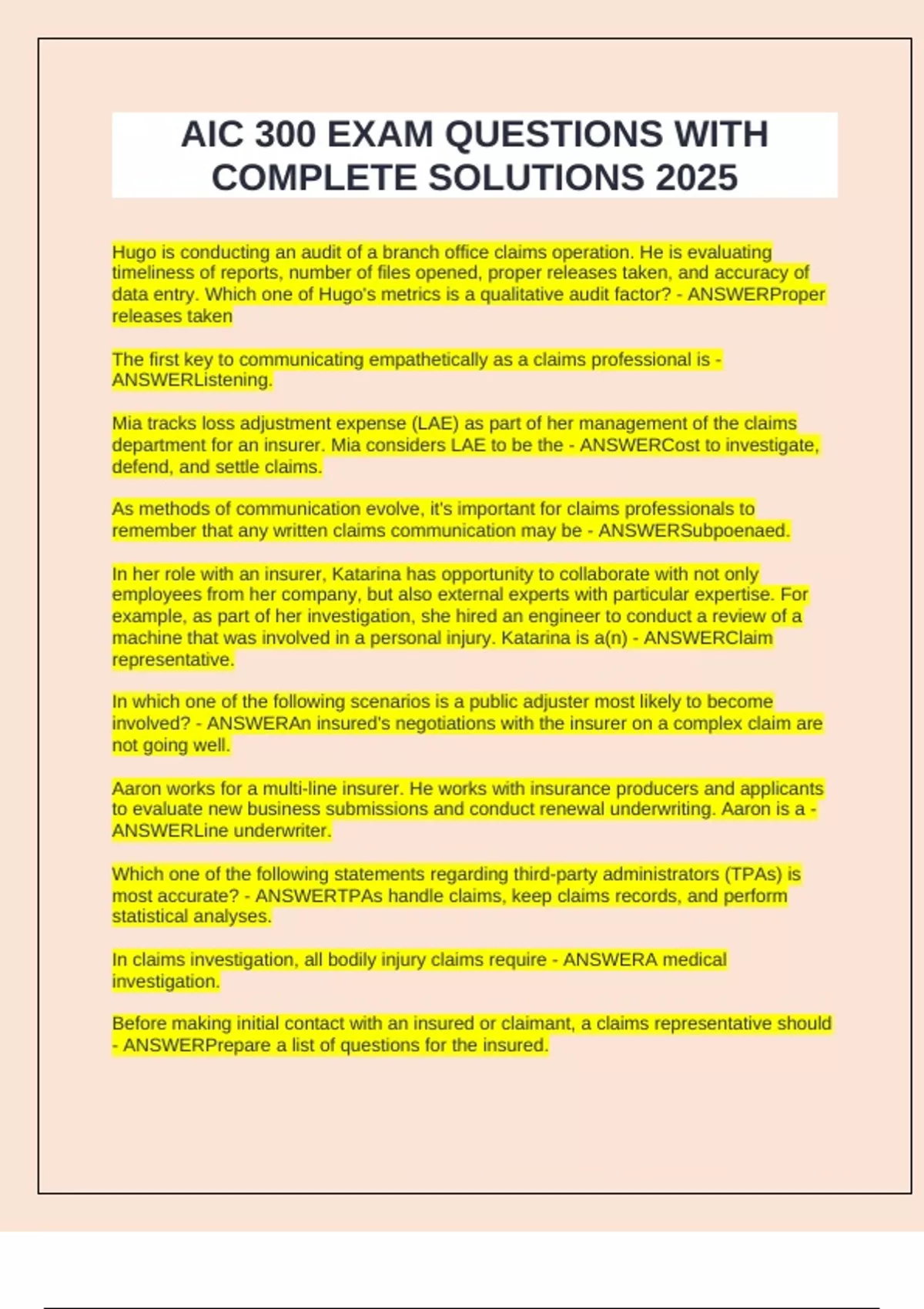 AIC 300 EXAM QUESTIONS WITH COMPLETE SOLUTIONS 2025 - AIC 300 - Stuvia US