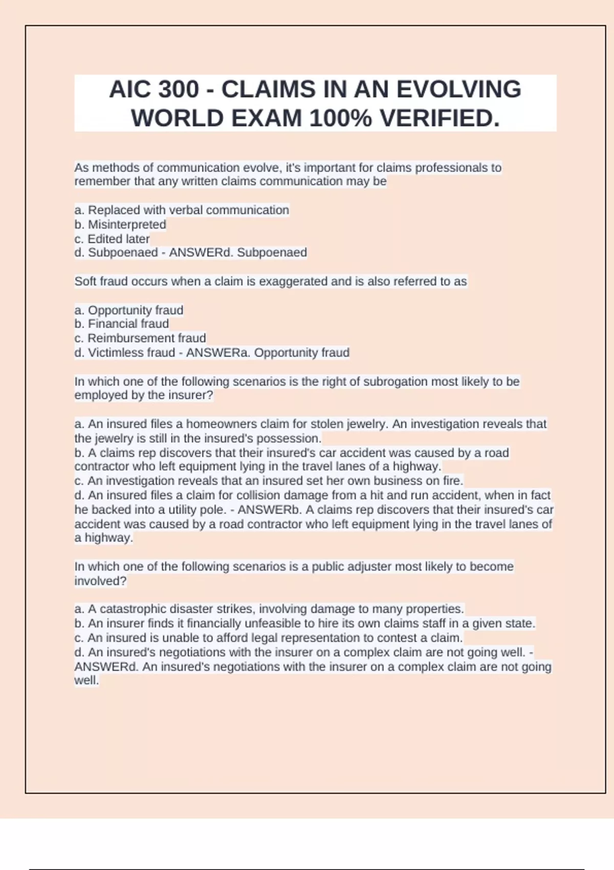 AIC 300 - CLAIMS IN AN EVOLVING WORLD EXAM 100% VERIFIED. - AIC 300 ...