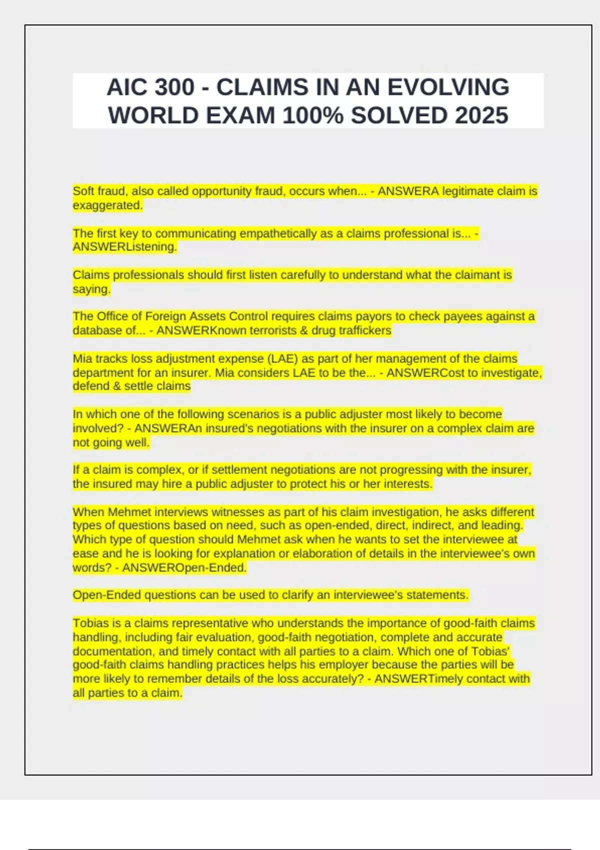 AIC 300 - CLAIMS IN AN EVOLVING WORLD EXAM 100% SOLVED 2025 - AIC 300 ...