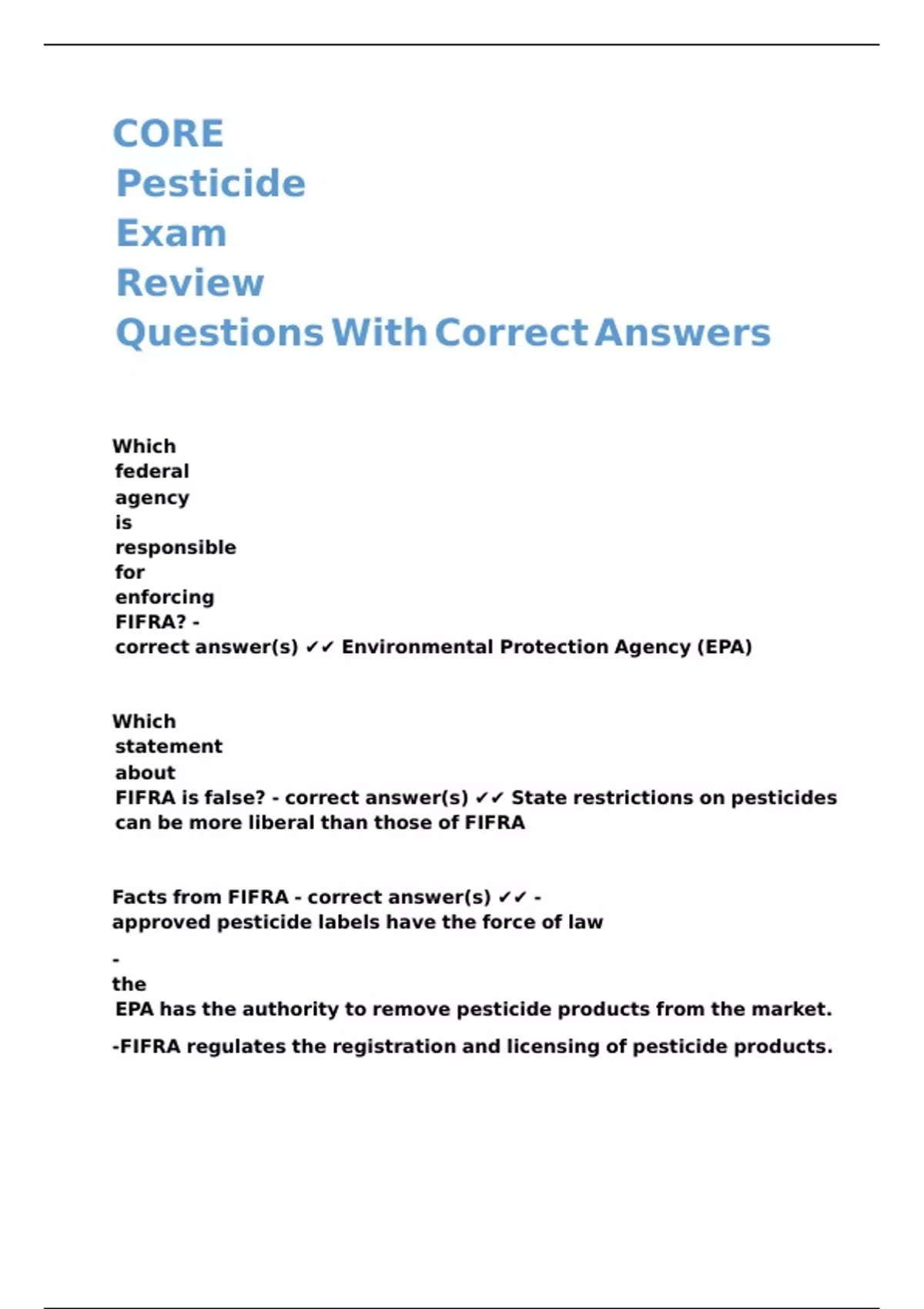 CORE Pesticide Exam Review Questions With Correct Answers - Pesticide ...