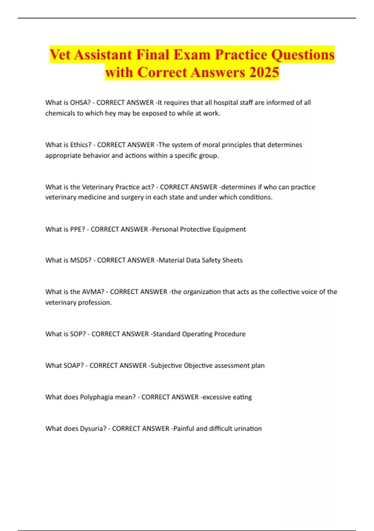 Vet Assistant Final Exam Practice Questions with Correct Answers 2025 ...