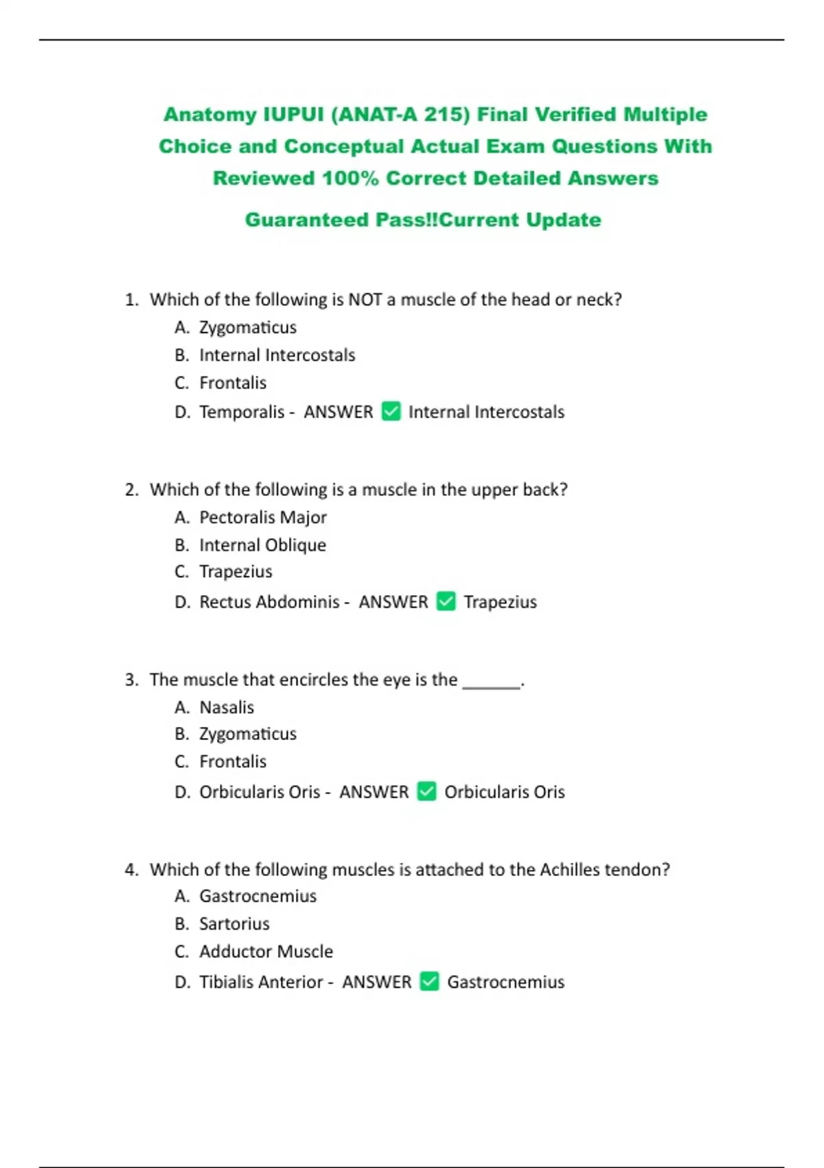 Anatomy IUPUI (ANAT-A 215) Final Verified Multiple Choice and ...