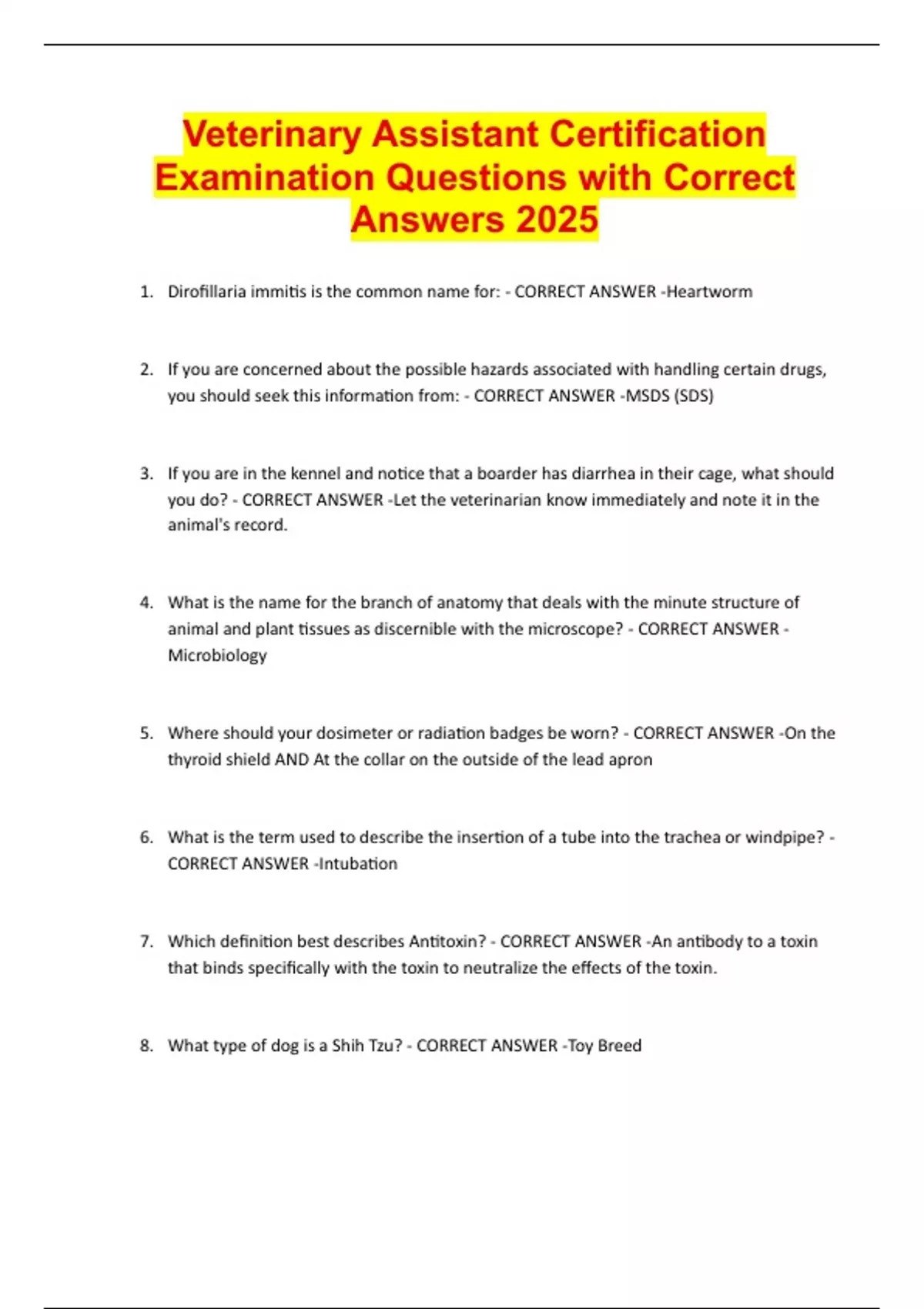 Veterinary Assistant Certification Examination Questions with Correct ...