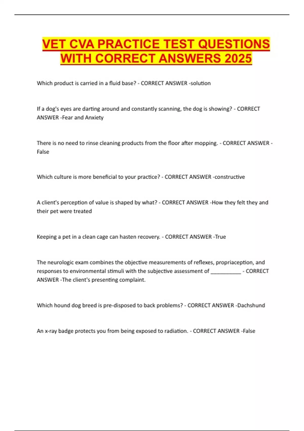 VET CVA PRACTICE TEST QUESTIONS WITH CORRECT ANSWERS 2025 - CVA[24 ...