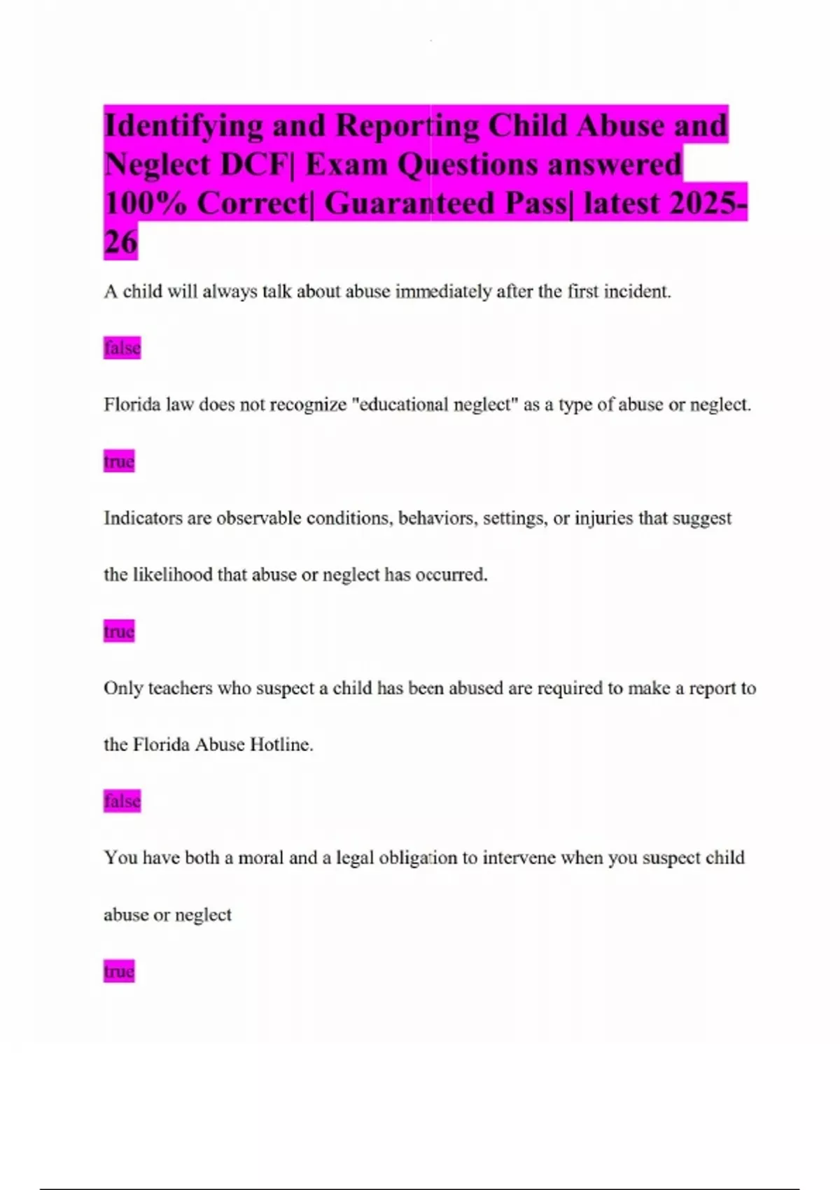 Identifying and Reporting Child Abuse and Neglect DCF| Exam Questions answered 100% Correct ...