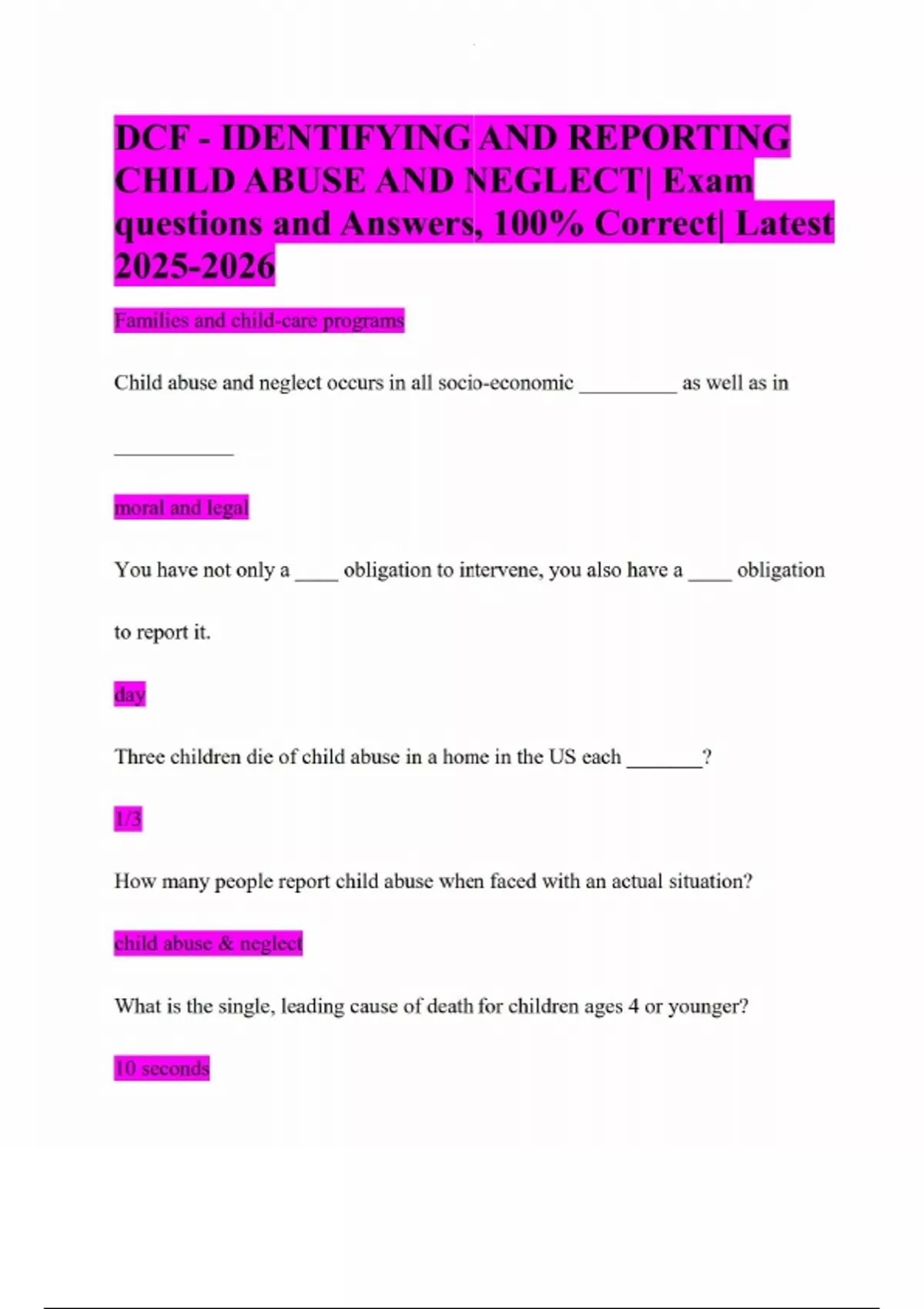 DCF - IDENTIFYING AND REPORTING CHILD ABUSE AND NEGLECT| Exam questions and Answers, 100% ...