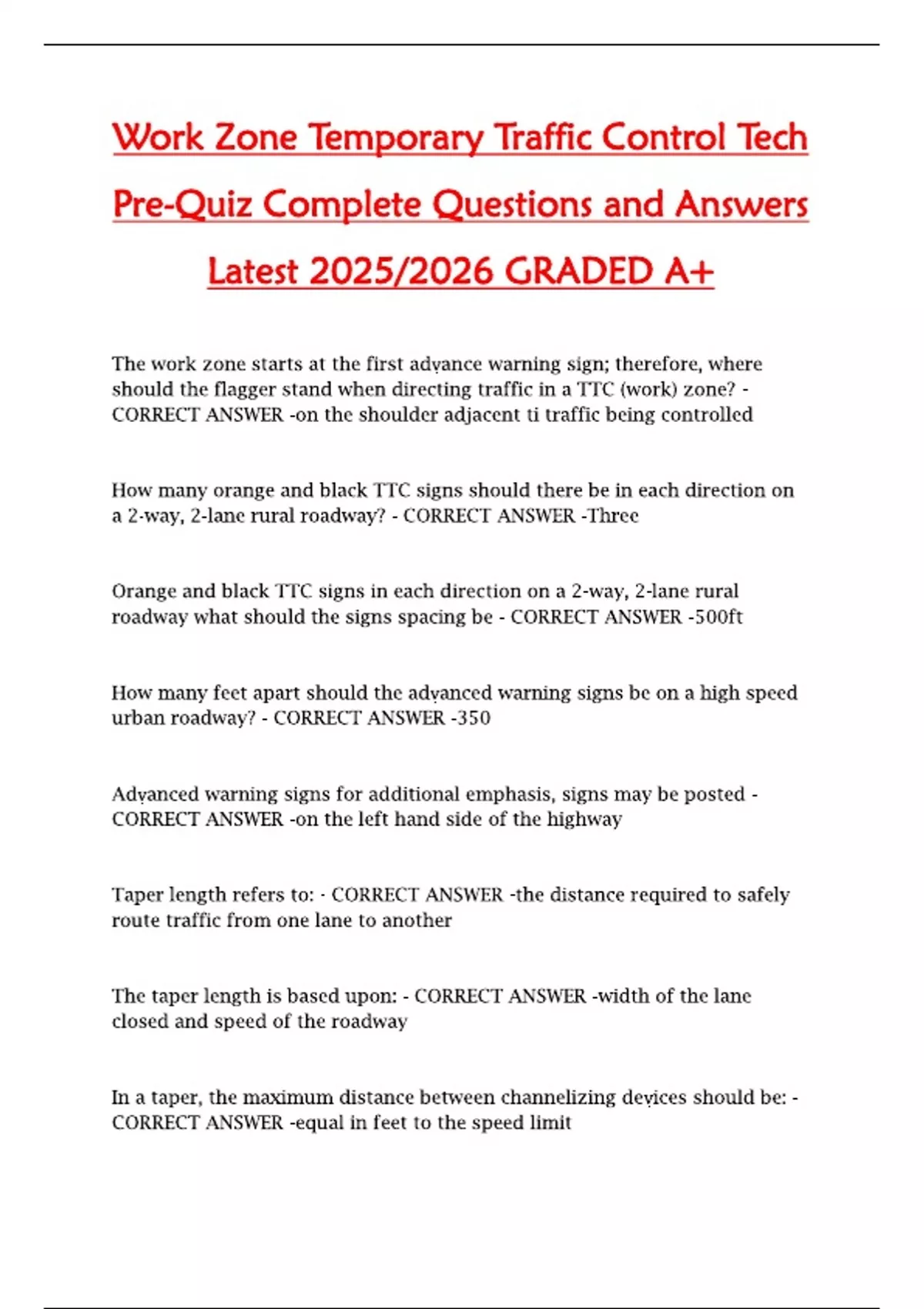 Work Zone Temporary Traffic Control Tech Pre-Quiz Complete Questions ...
