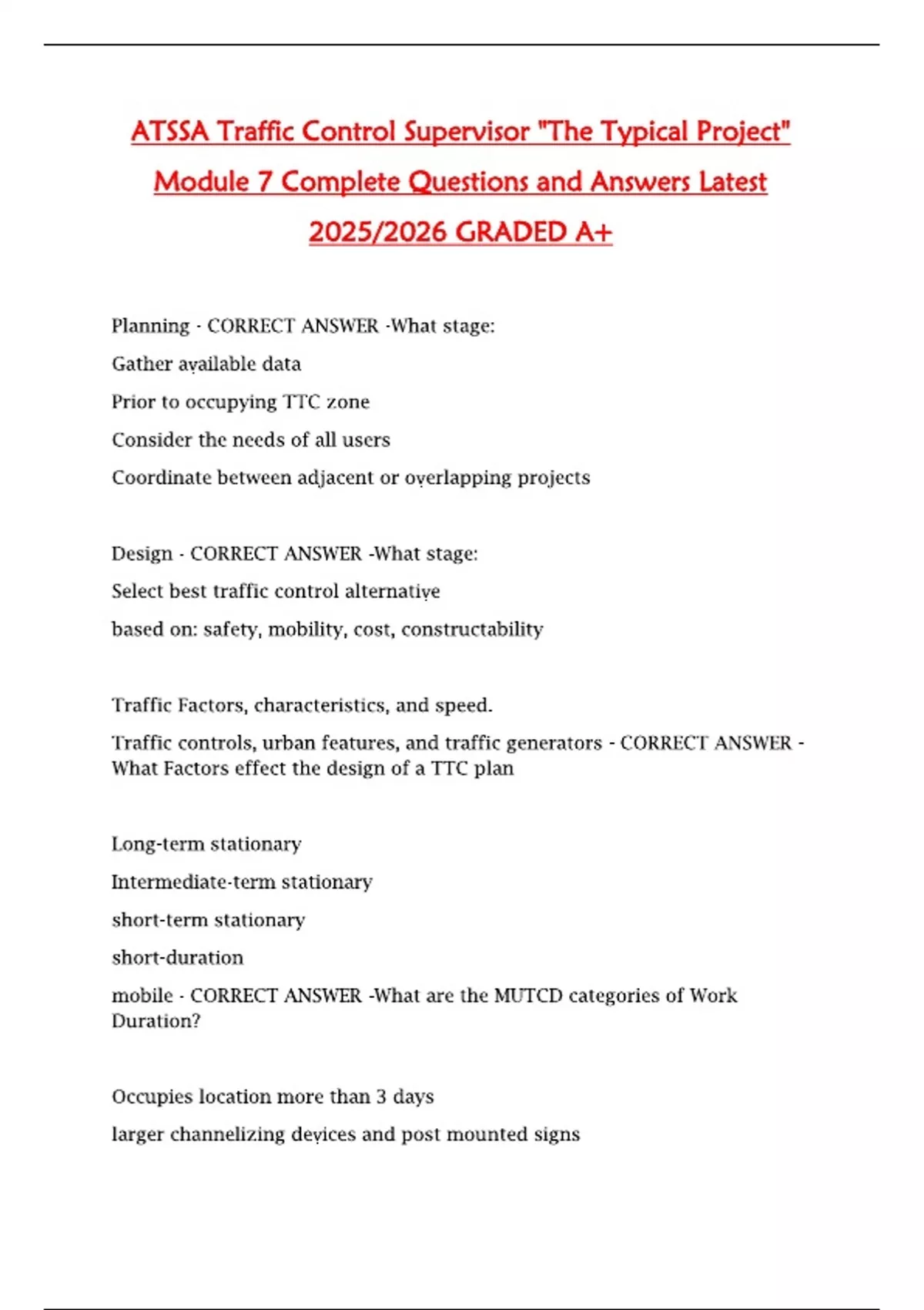 ATSSA Traffic Control Supervisor "The Typical Project" Module 7 Complete Questions and Answers ...
