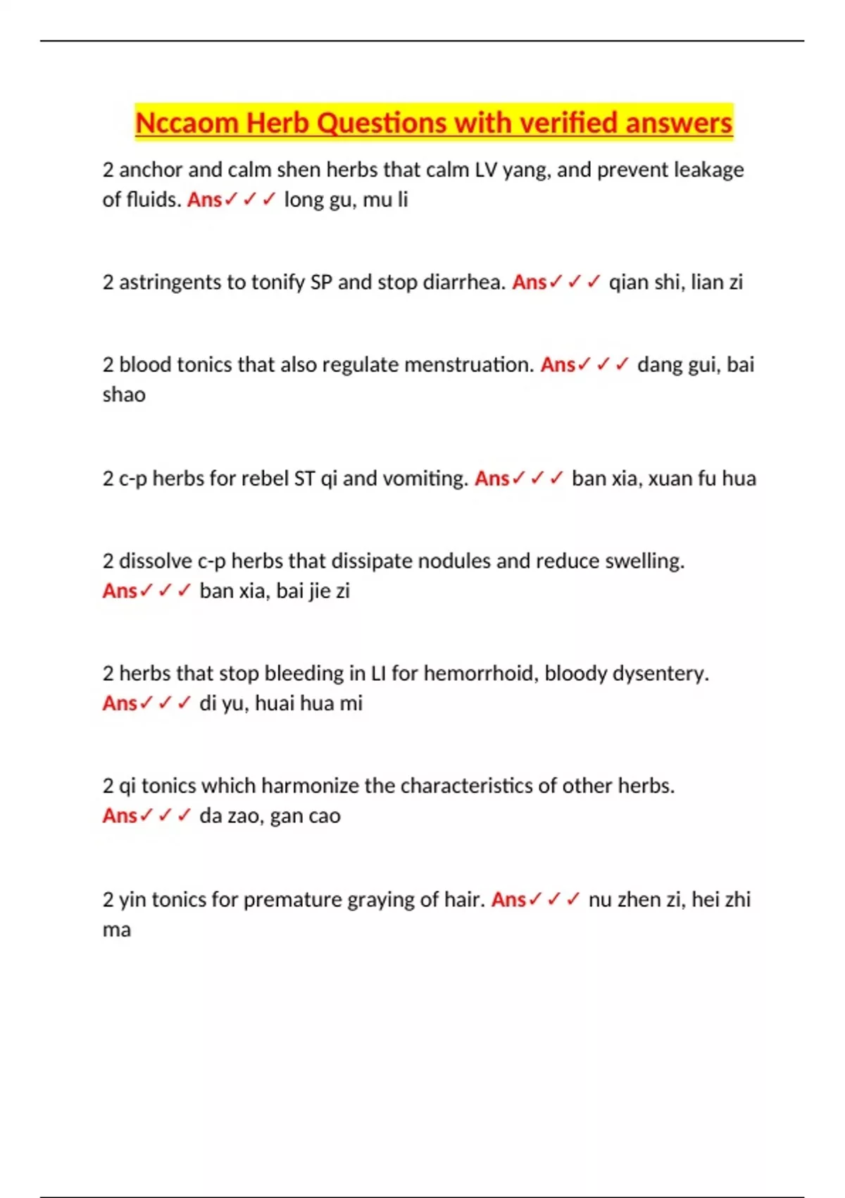 NCCAOM Herbology – TCM Herbal Practice Questions with Verified Answers ...