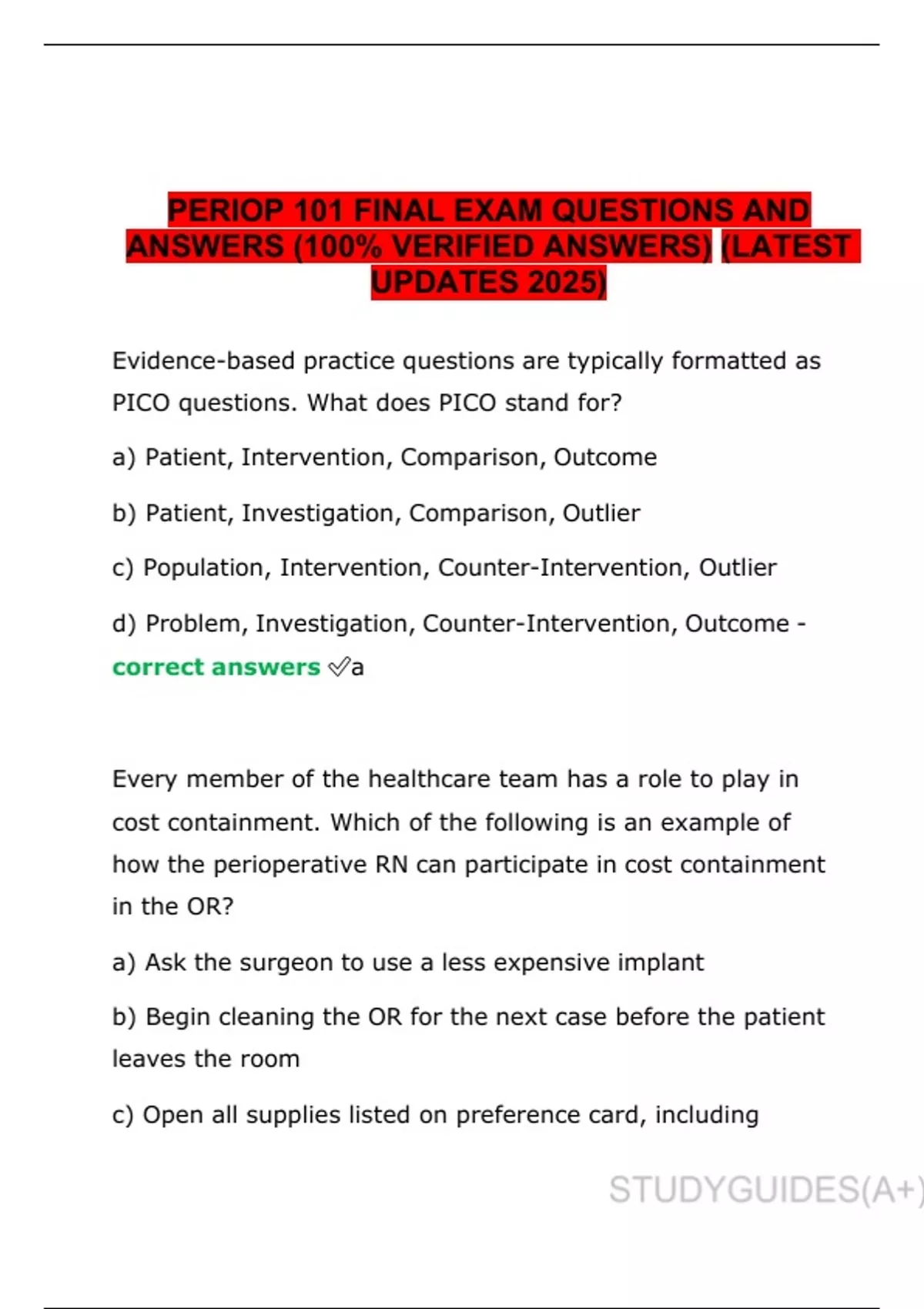 Periop 101 – Final Exam Questions and Answers | 2025 Latest Update with ...