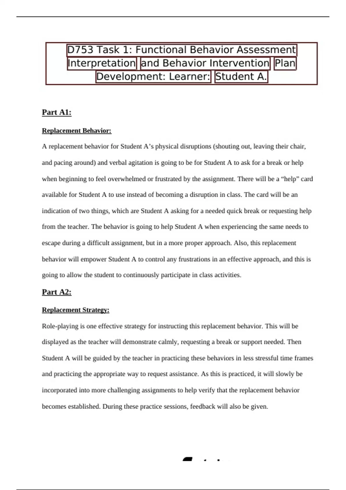 D753 Task 1: Functional Behavior Assessment Interpretation and Behavior ...