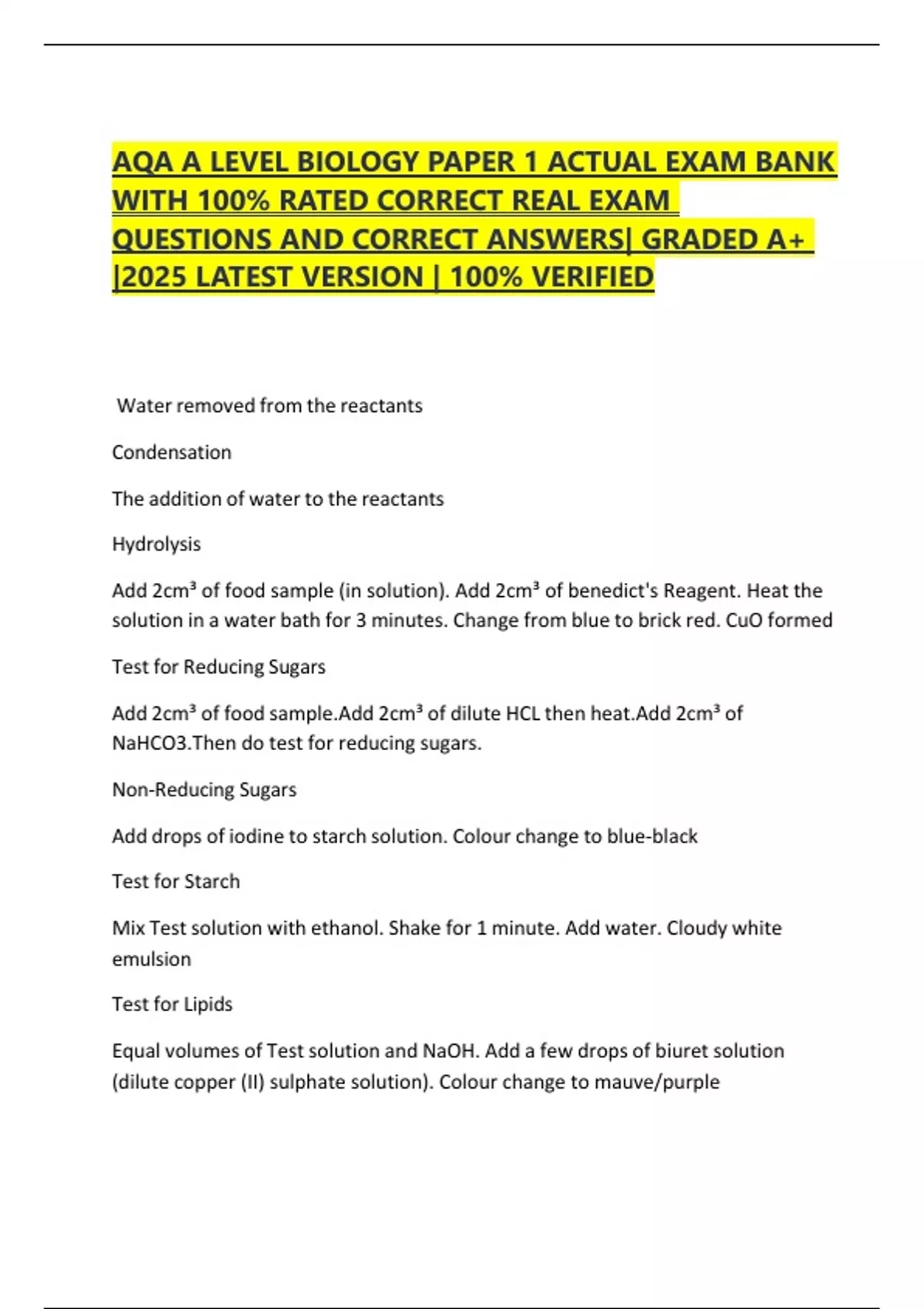 AQA A LEVEL BIOLOGY PAPER 1 ACTUAL EXAM BANK WITH 100% RATED CORRECT ...