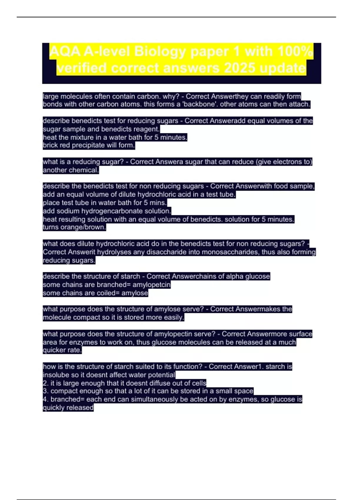 AQA A-level Biology paper 1 with 100% verified correct answers 2025 update - AQA A LEVEL BIOLOGY ...