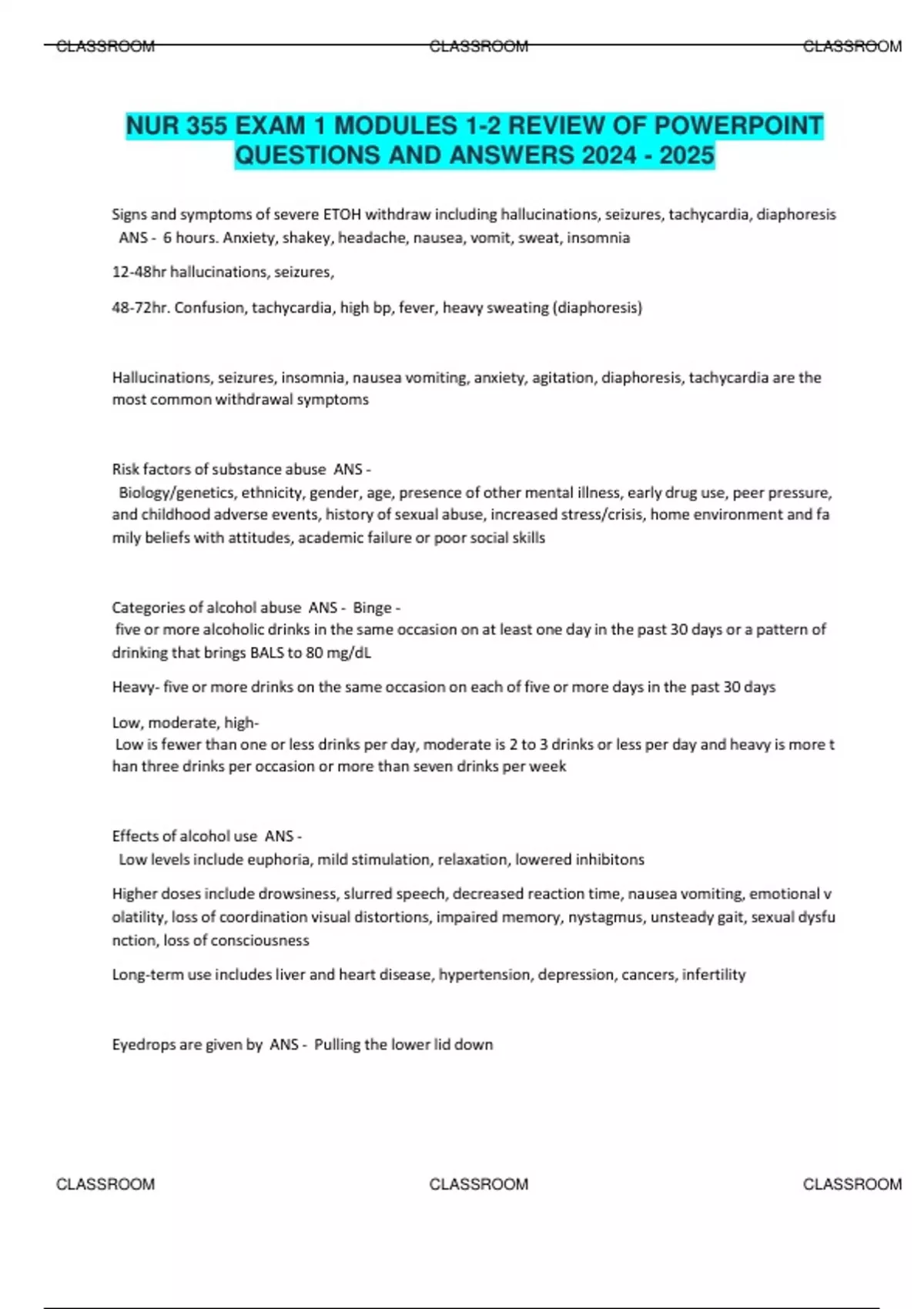 NUR 355 EXAM 1 MODULES 1-2 REVIEW OF POWERPOINT QUESTIONS AND ANSWERS ...