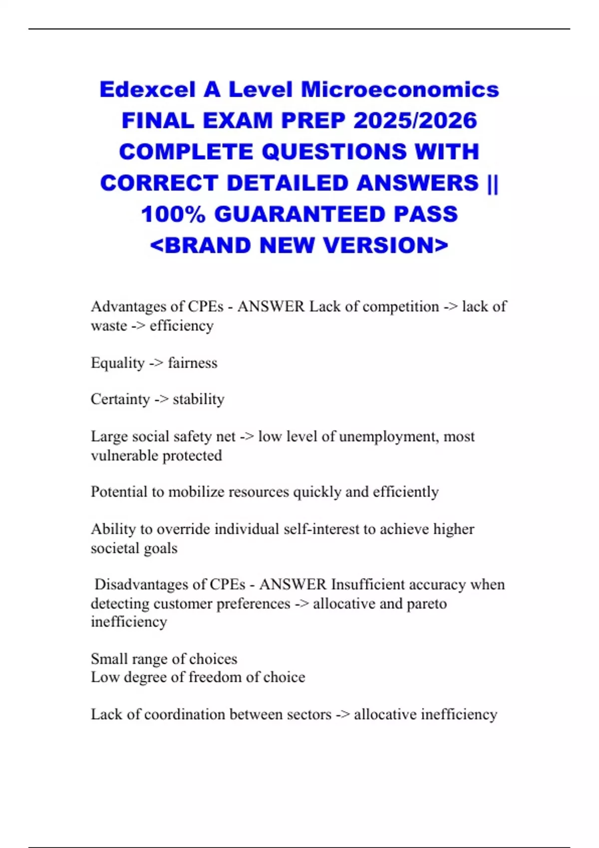 Edexcel A Level Microeconomics FINAL EXAM PREP 2025/2026 COMPLETE QUESTIONS WITH CORRECT ...