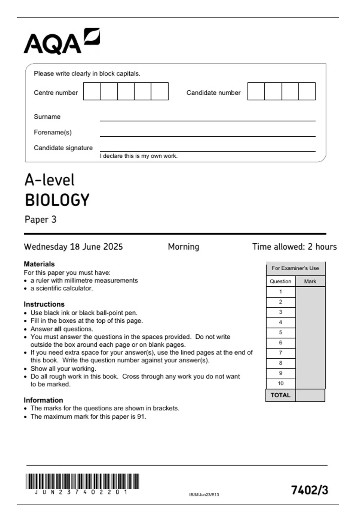 AQA Alevel Biology Paper 3 2025 - Paper 3 - Stuvia UK