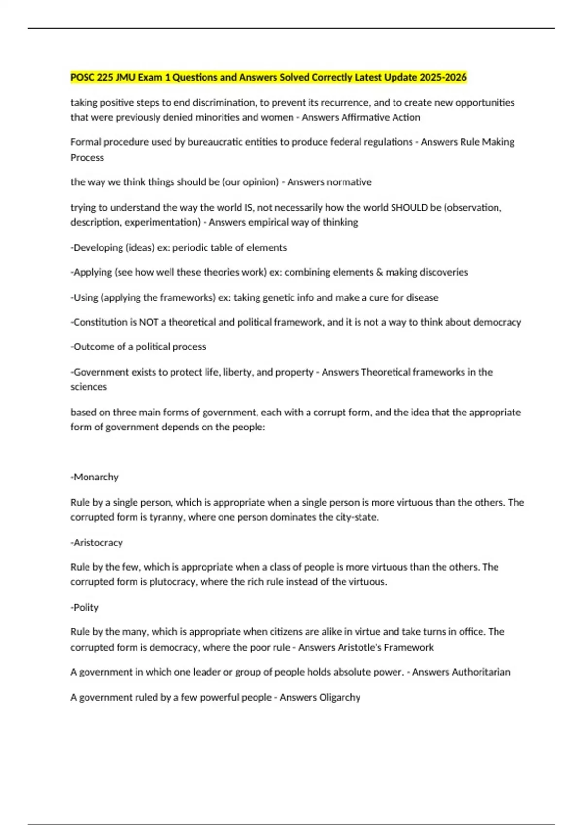 POSC 225 JMU Exam 1 Questions and Answers Solved Correctly Latest ...