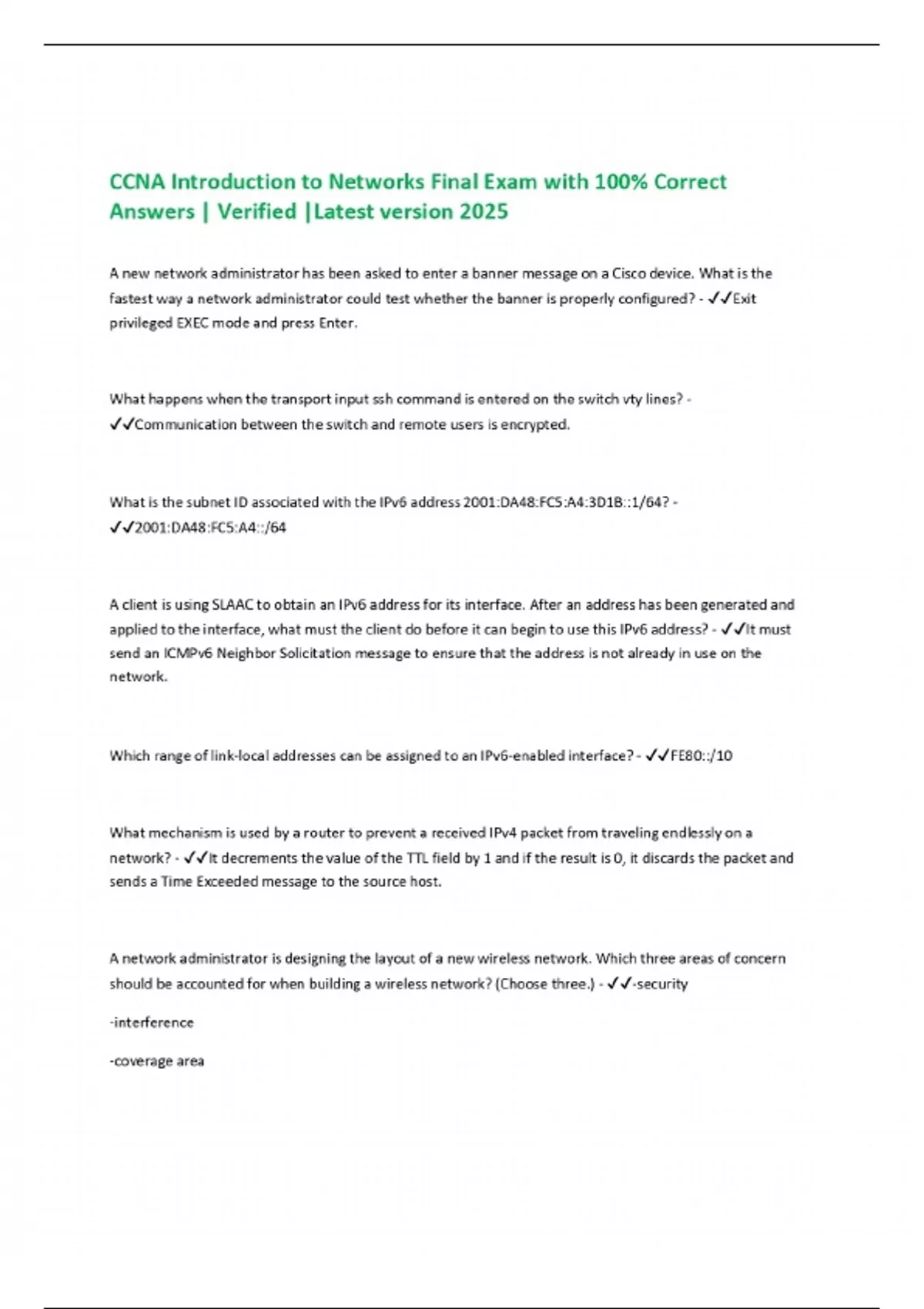 CCNA Introduction to Networks Final Exam with 100% Correct Answers ...