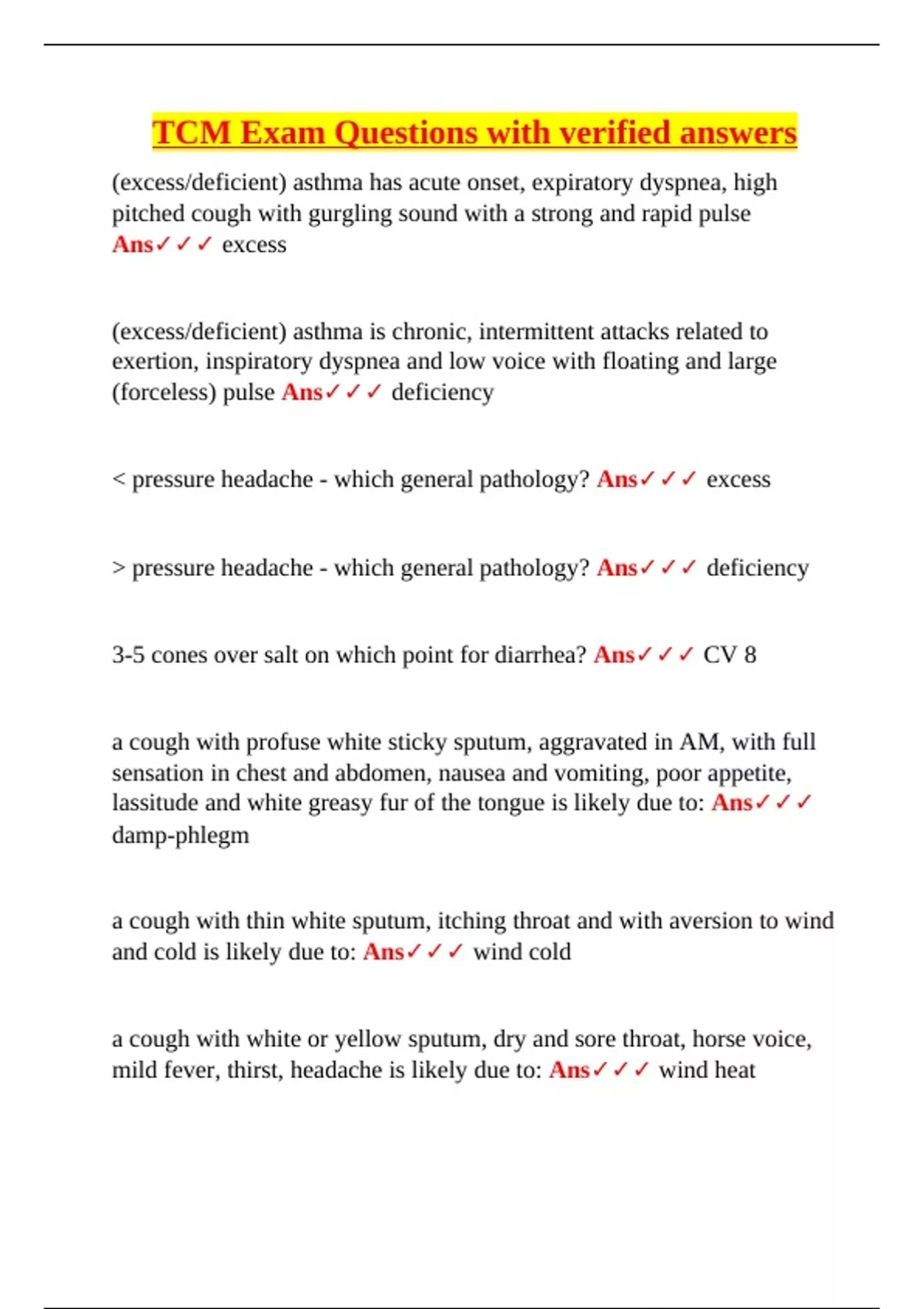 TCM Exam Questions – Complete NCCAOM Preparation with Verified Answers | Syndromes, Herbs ...