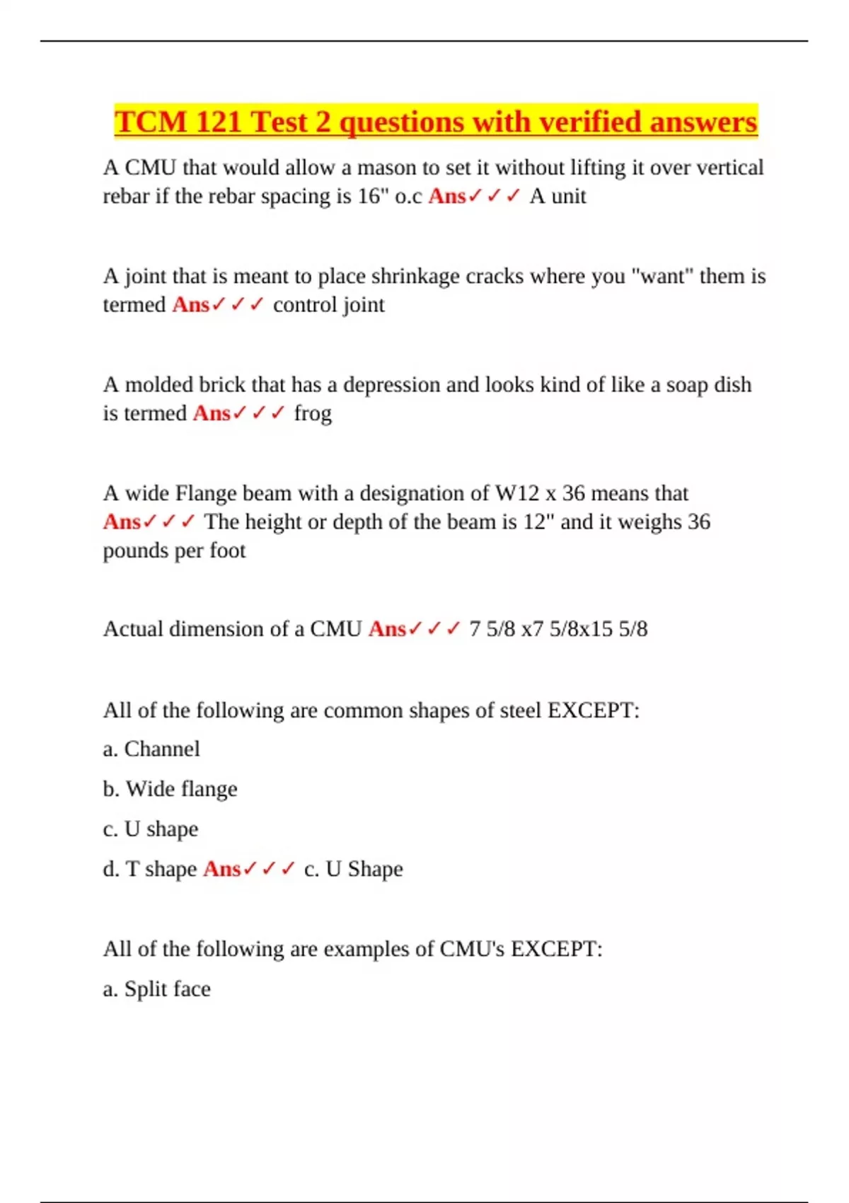 TCM 121 – Test 2 Construction Materials Questions with Verified Answers ...