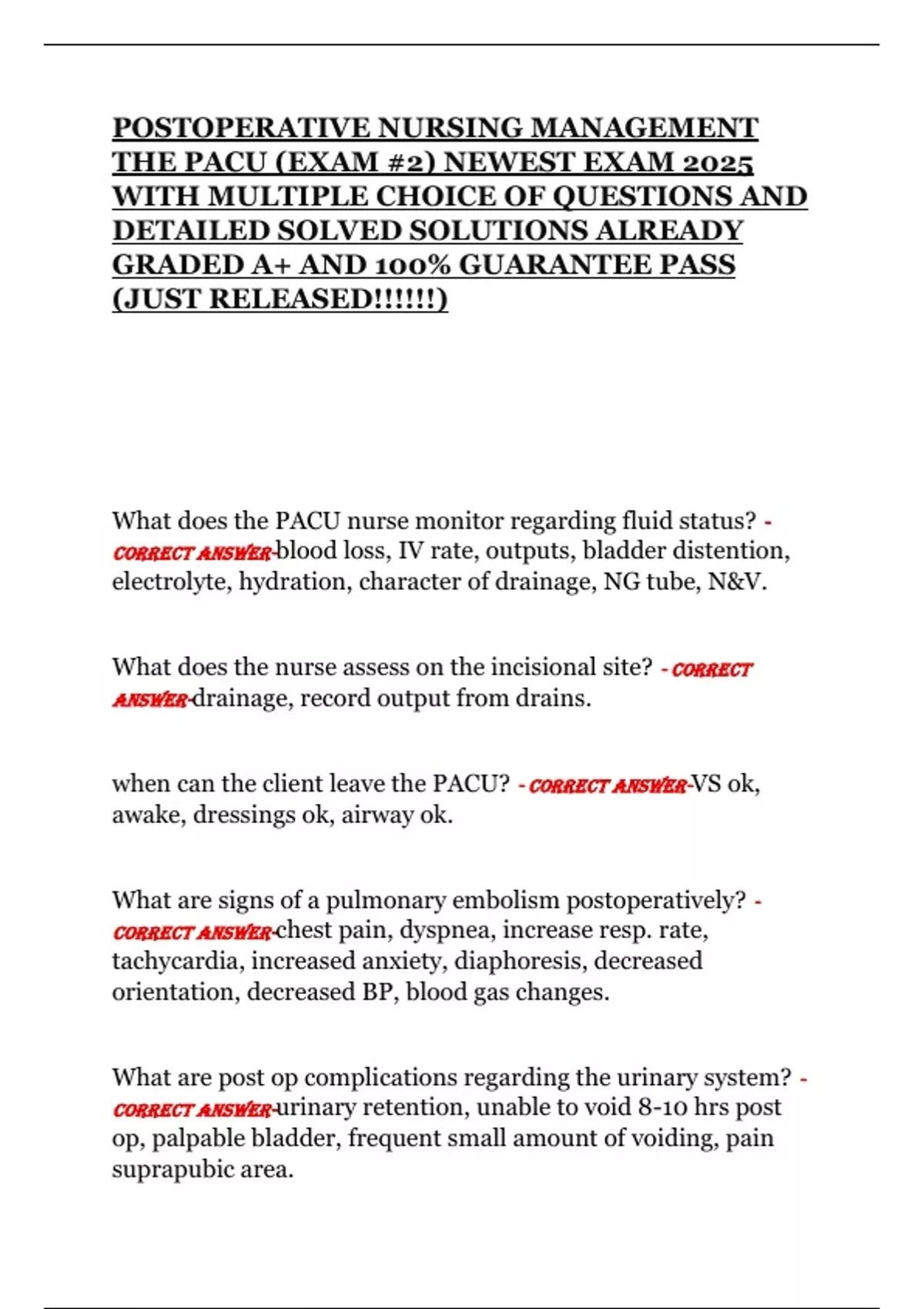 POSTOPERATIVE NURSING MANAGEMENT THE PACU (EXAM #2) NEWEST EXAM 2025 ...