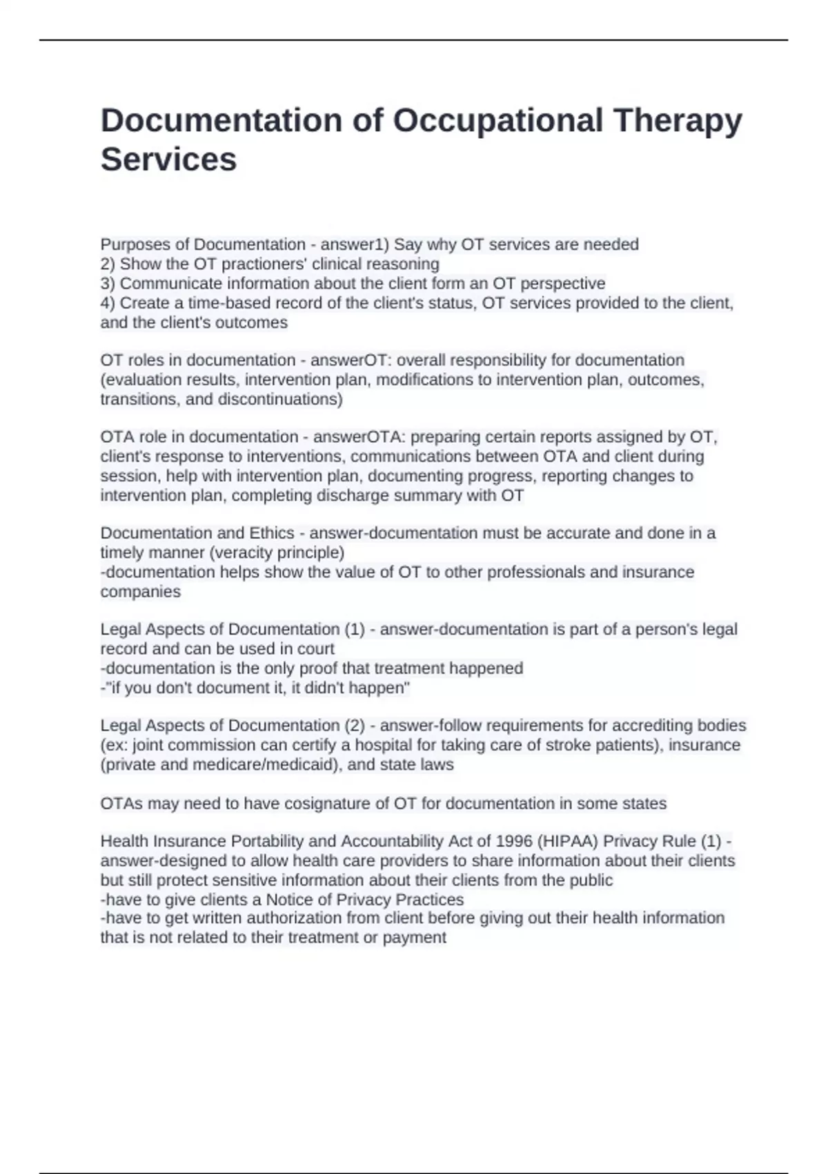 Documentation of Occupational Therapy Services Questions and Answers ...