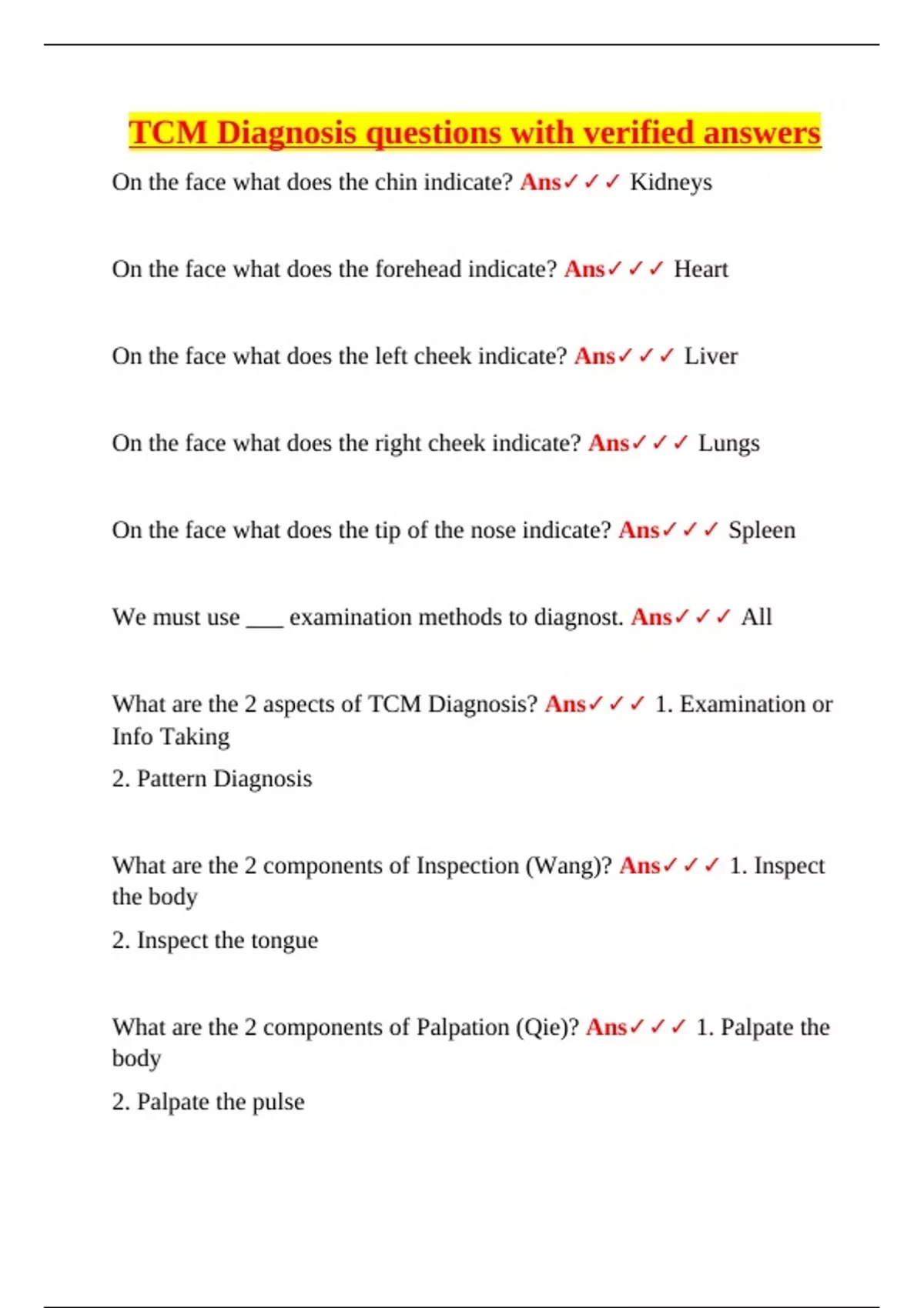 TCM Diagnosis – Verified Questions and Answers | Inspection, Facial ...