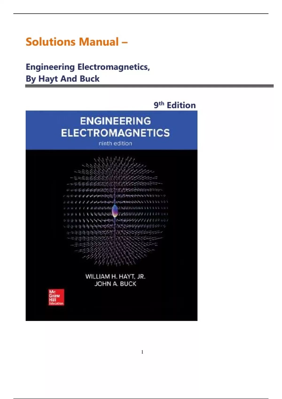Solutions Manual – Engineering Electromagnetics, 9th Edition by Hayt ...