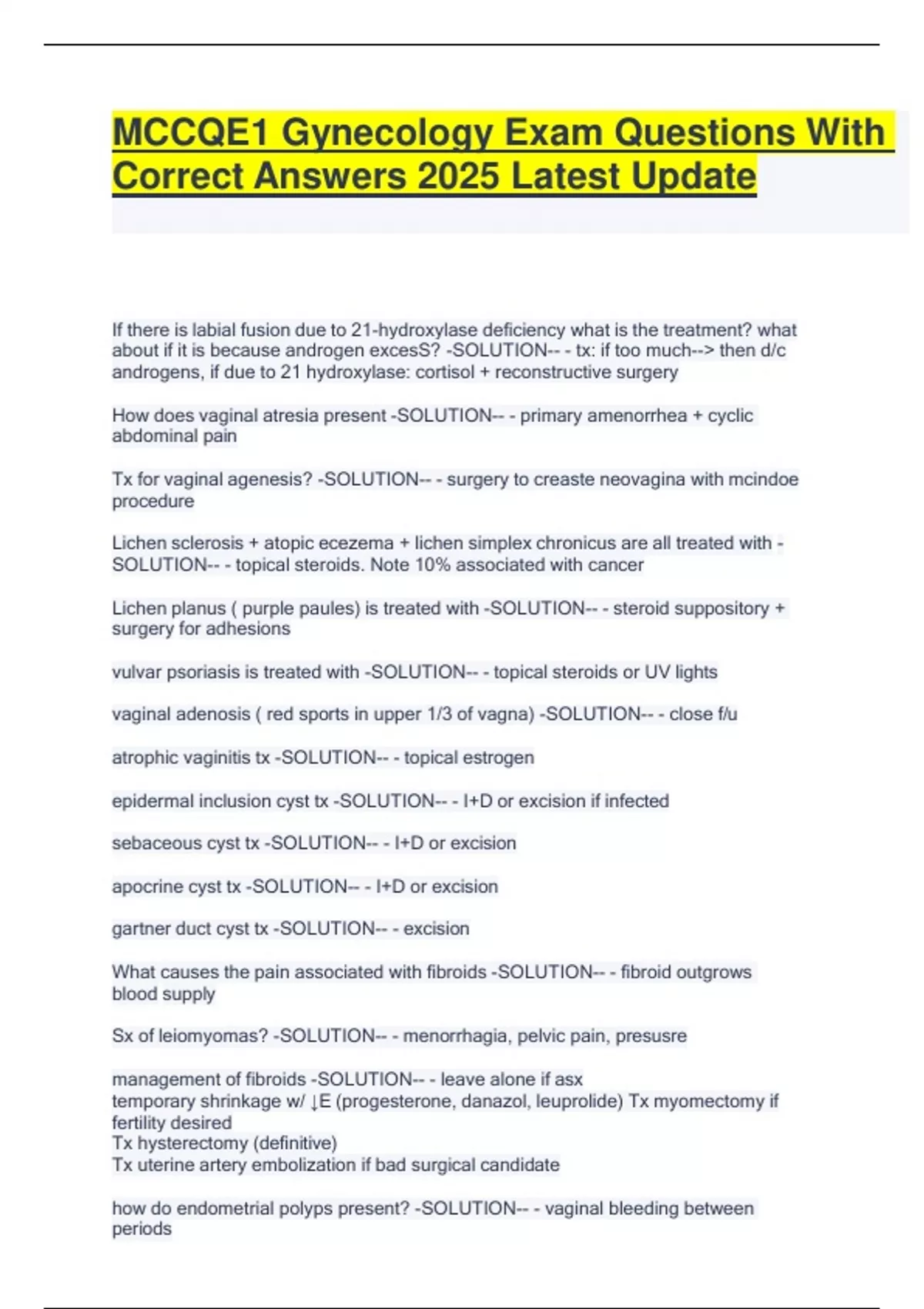 MCCQE1 Gynecology Exam Questions With Correct Answers 2025 Latest ...