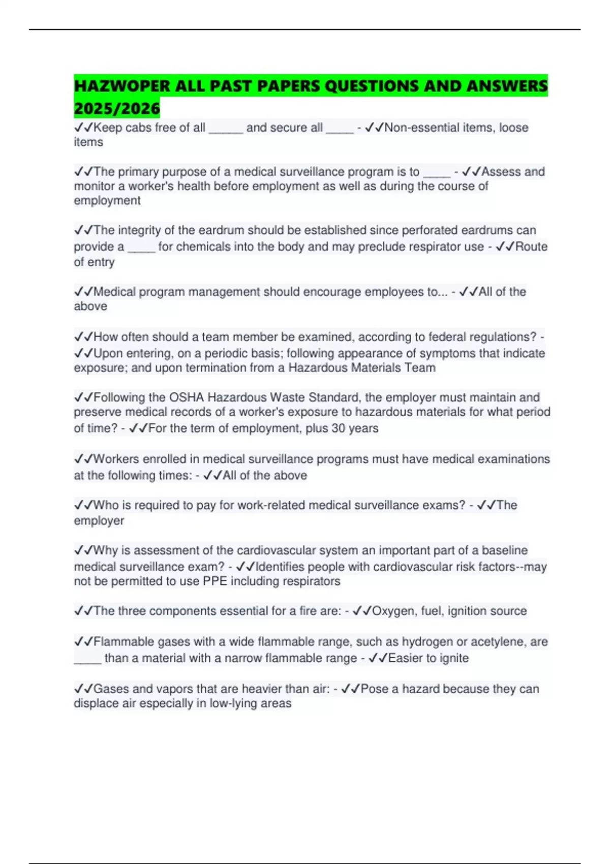 HAZWOPER ALL PAST PAPERS QUESTIONS AND ANSWERS 2025/2026 - Hazwoper ...