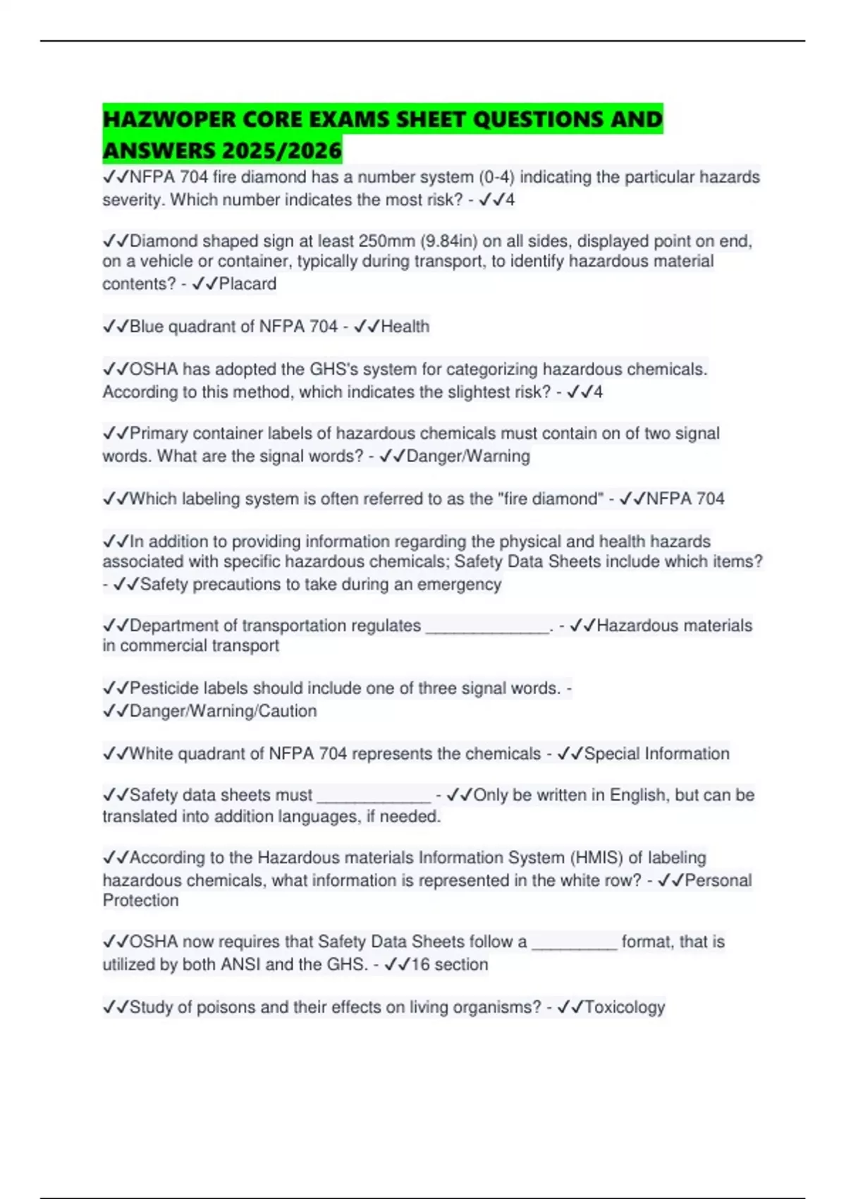 HAZWOPER CORE EXAMS SHEET QUESTIONS AND ANSWERS 2025/2026 - Hazwoper ...