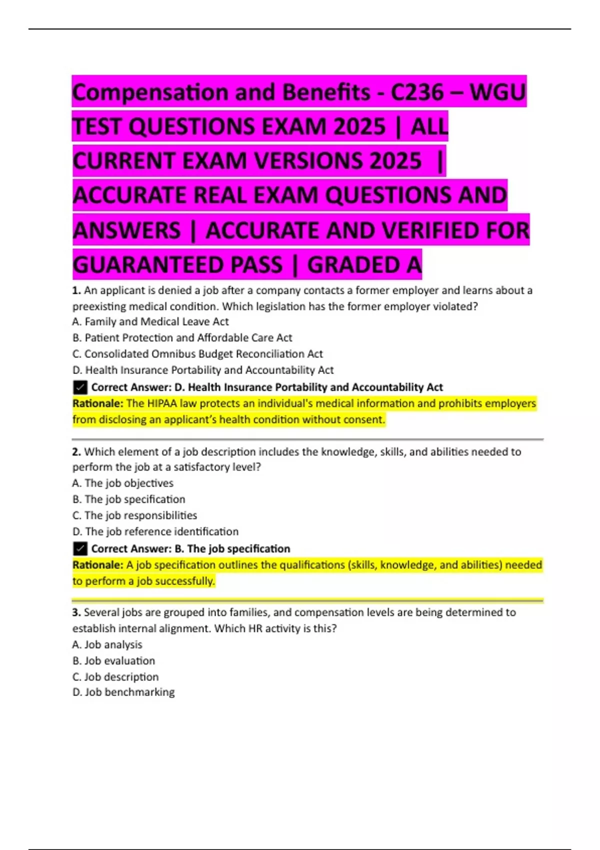 Compensation and Benefits - C236 – WGU TEST QUESTIONS EXAM 2025 | ALL ...