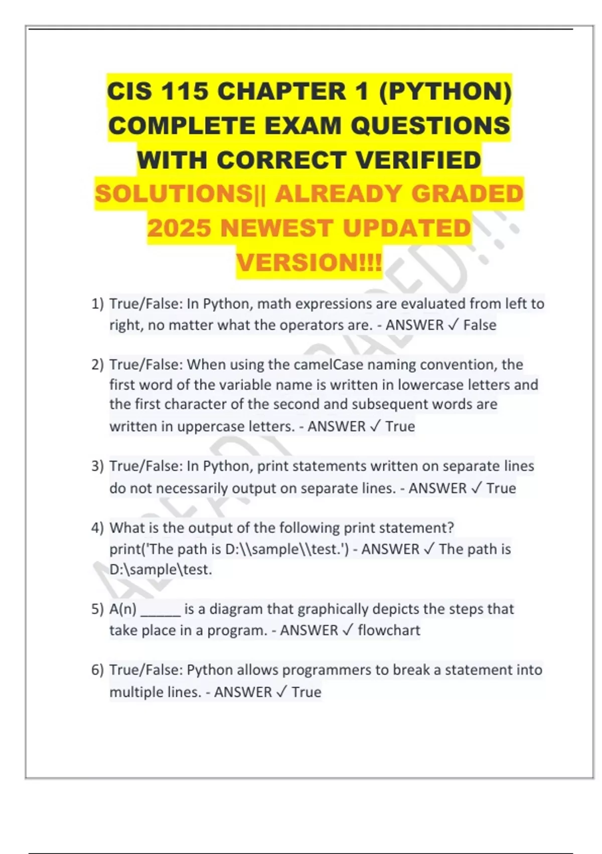CIS 115 CHAPTER 1 (PYTHON) COMPLETE EXAM QUESTIONS WITH CORRECT VERIFIED SOLUTIONS|| ALREADY ...