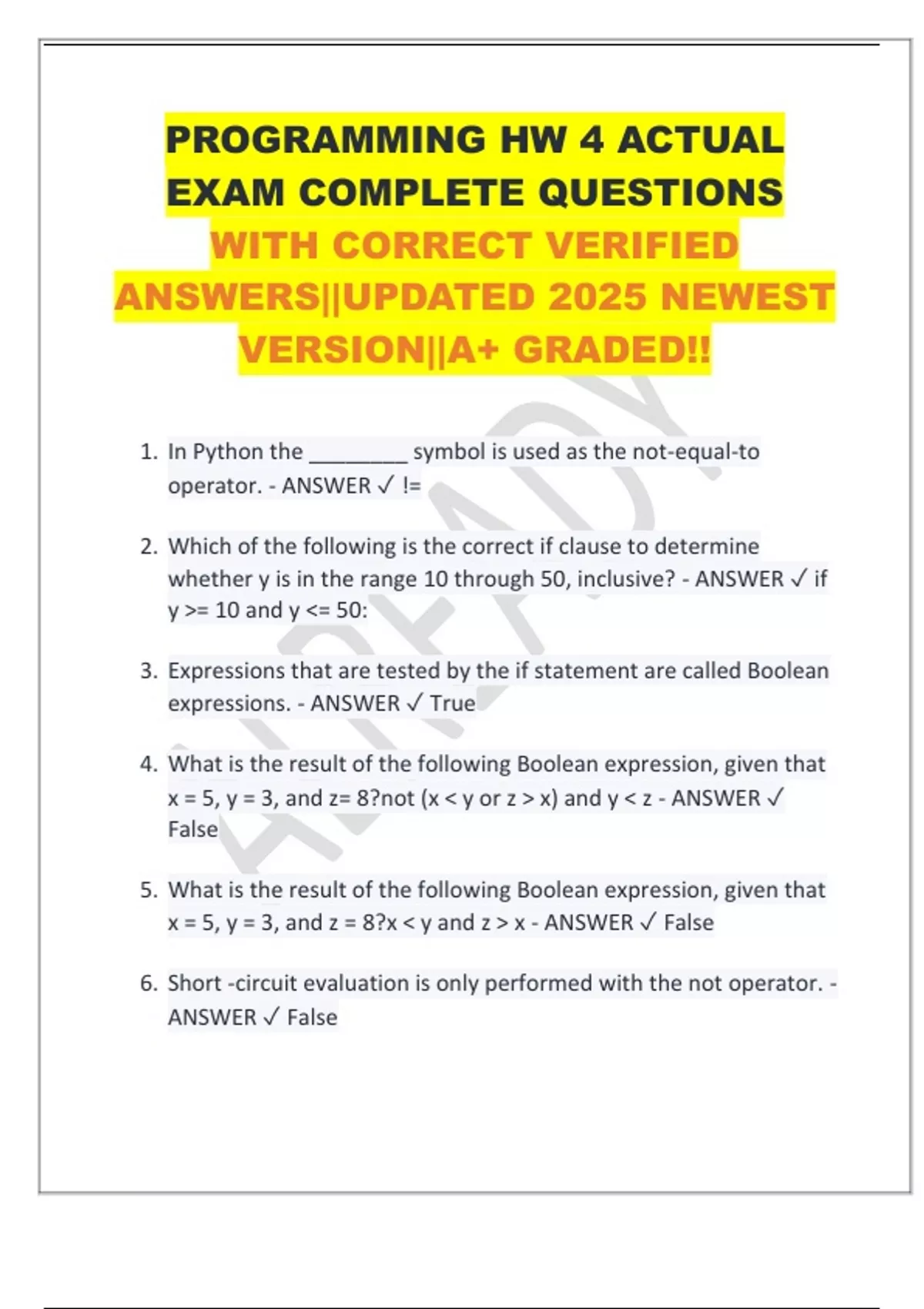 PROGRAMMING HW 4 ACTUAL EXAM COMPLETE QUESTIONS WITH CORRECT VERIFIED ANSWERS||UPDATED 2025 ...