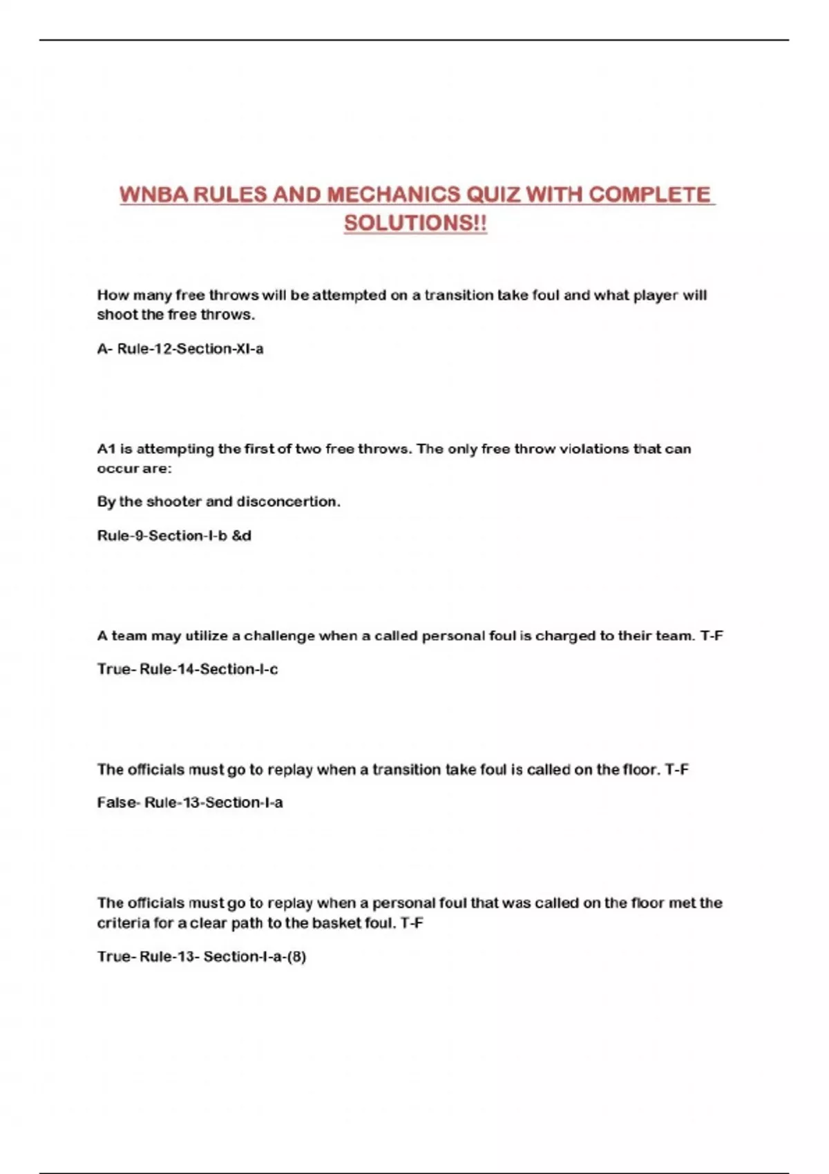 WNBA RULES AND MECHANICS QUIZ WITH COMPLETE SOLUTIONS!! - WNBA RULES ...
