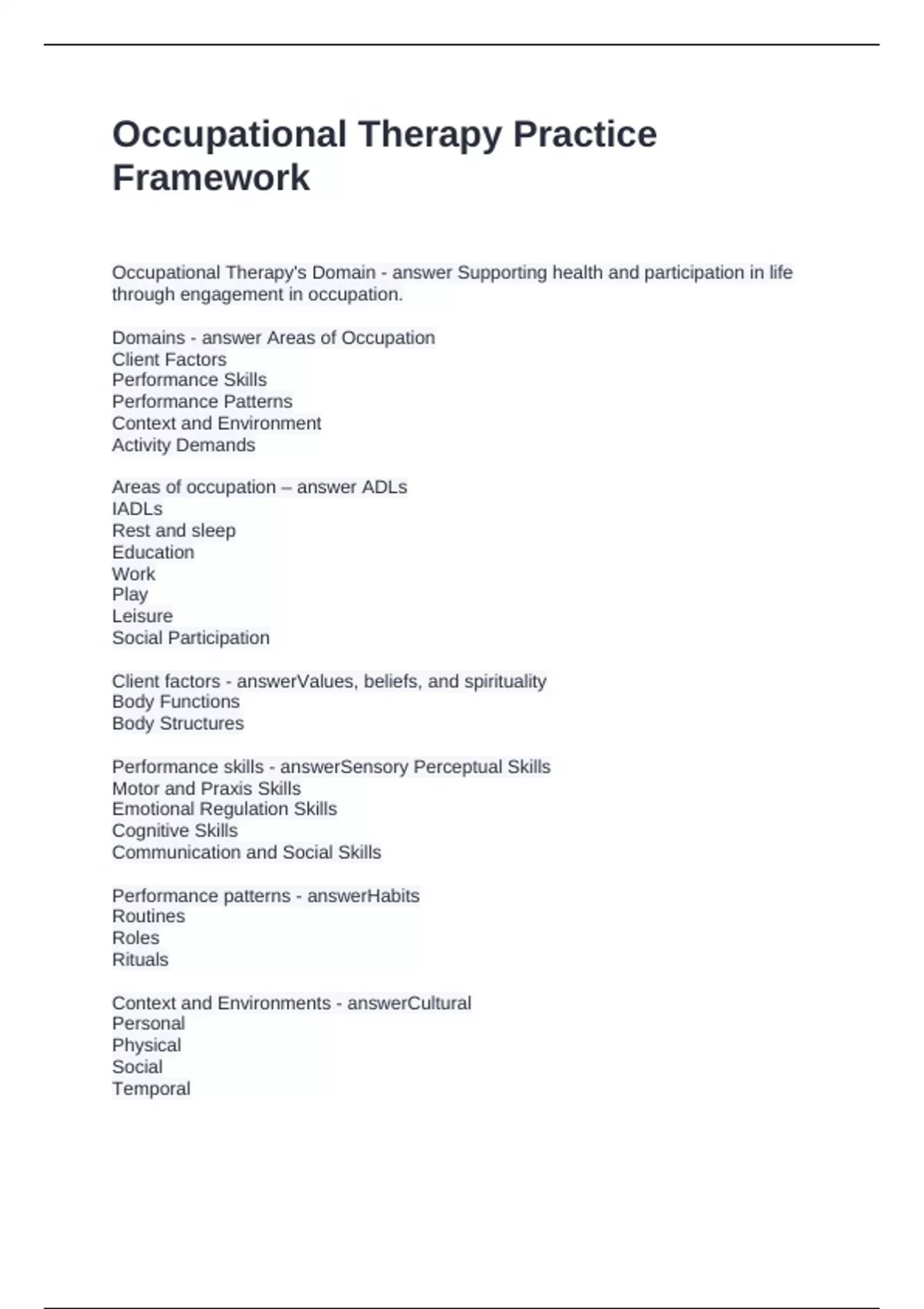 Occupational Therapy Practice Framework Questions and Answers 100% ...