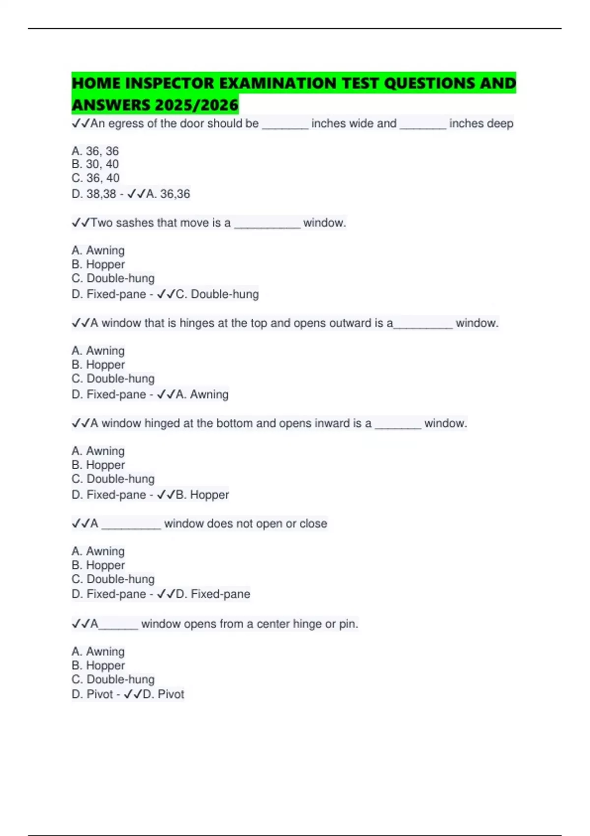 HOME INSPECTOR EXAMINATION TEST QUESTIONS AND ANSWERS 2025/2026 - Home ...