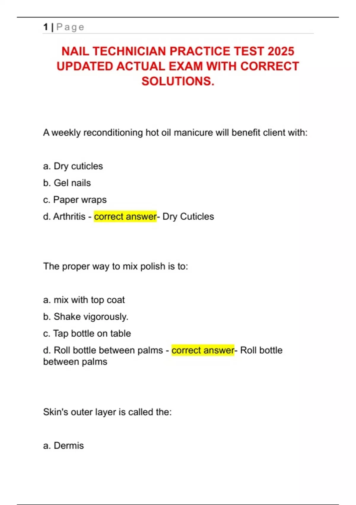 NAIL TECHNICIAN PRACTICE TEST 2025 UPDATED ACTUAL EXAM WITH CORRECT ...