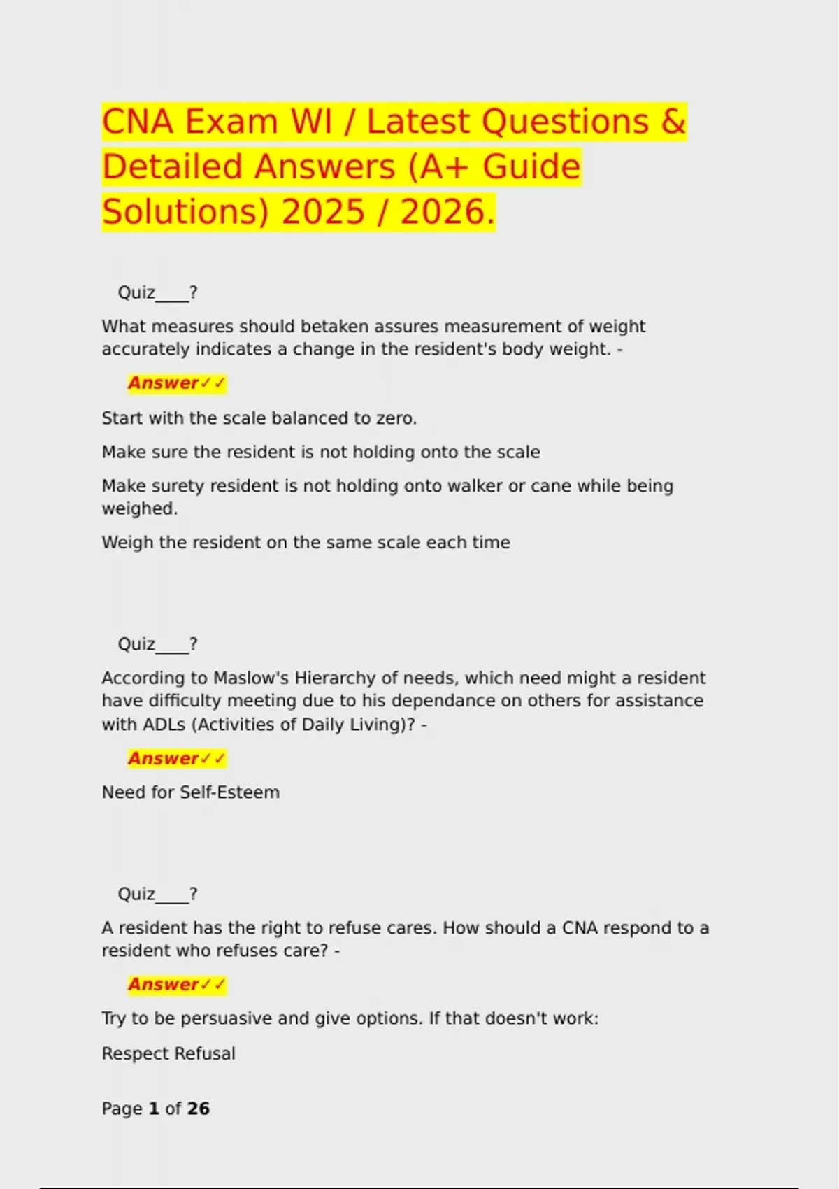 CNA Exam WI / Latest Questions & Detailed Answers (A+ Guide Solutions ...