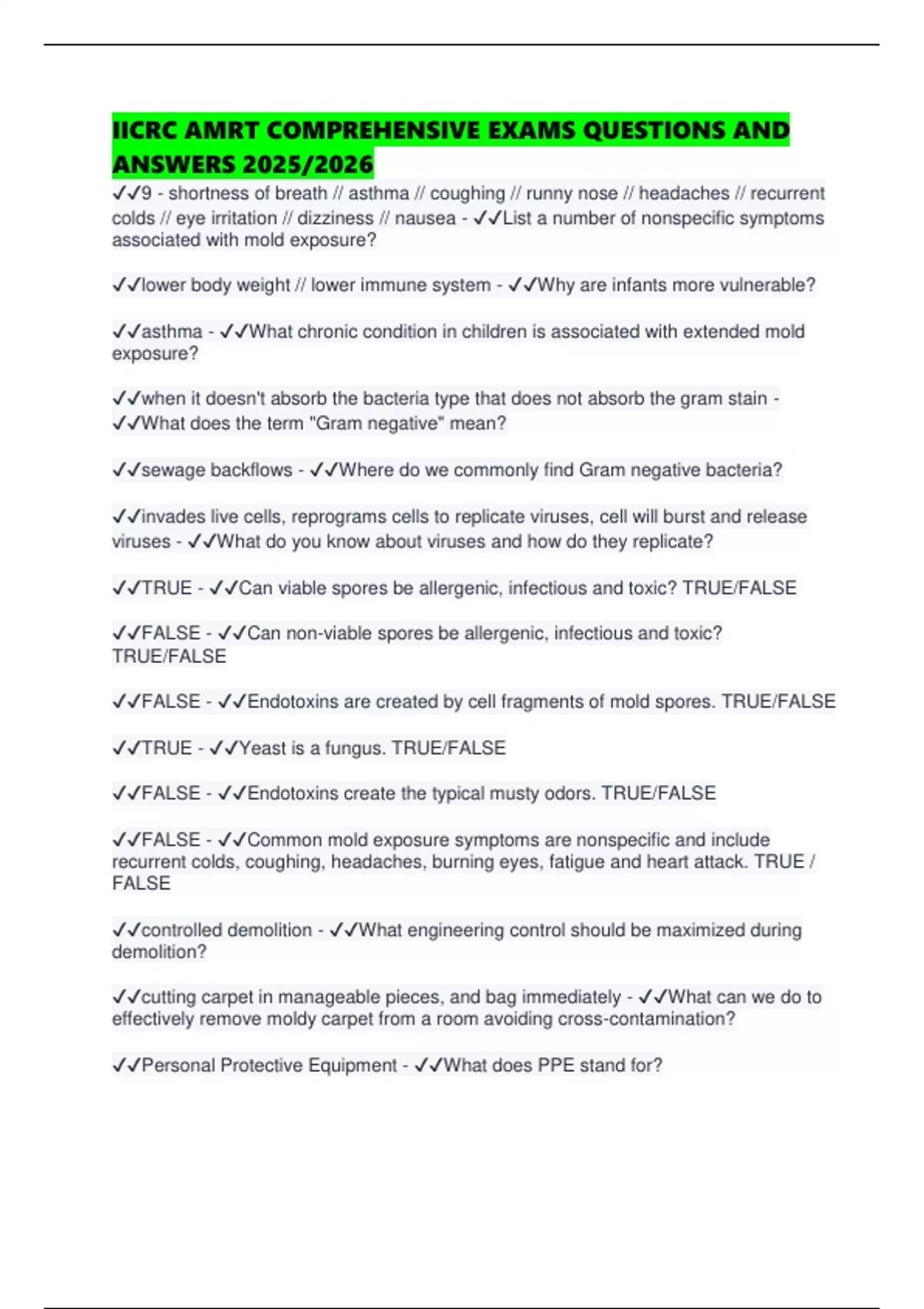 IICRC AMRT COMPREHENSIVE EXAMS QUESTIONS AND ANSWERS 2025/2026 - Amrt ...